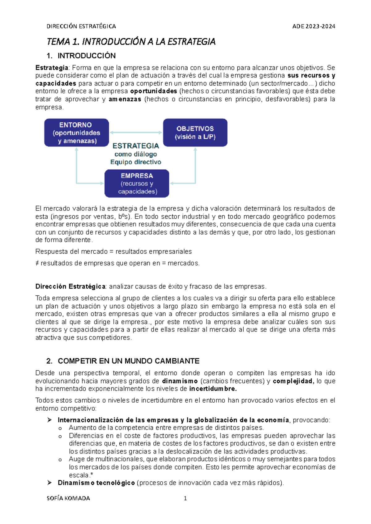 Temas 1 y 2 Dirección Estratégica - TEMA 1. INTRODUCCIÓN A LA ESTRATEGIA 1. INTRODUCCIÓN ...