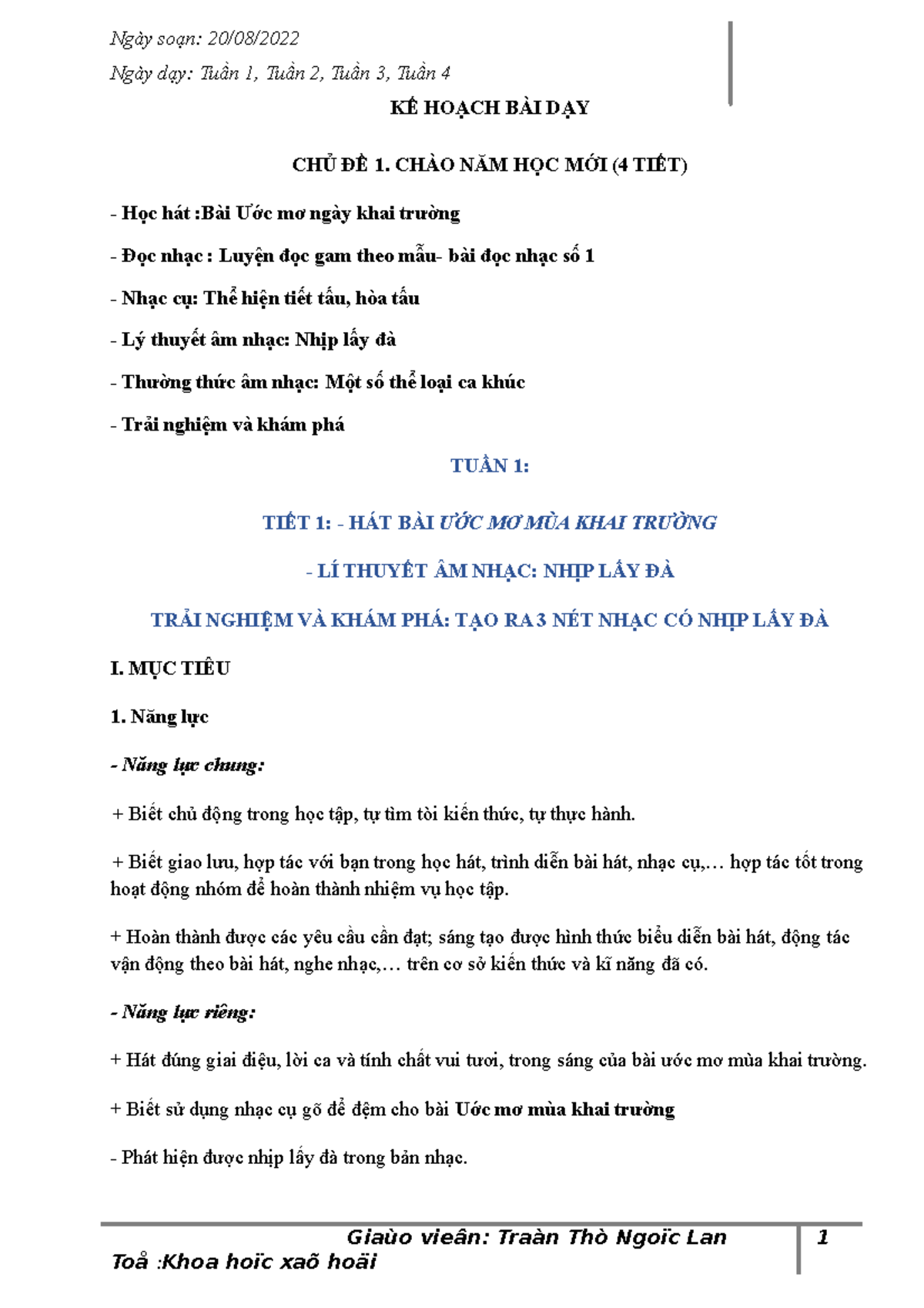 KHDH ÂM NHẠC 7 CÁNH DIỀU CHUẨN 22-23. TRẦN LAN - Ngày soạn: 20/08/ Ngày ...