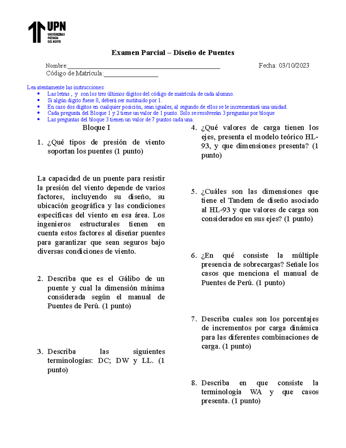 Examen Parcial - 2023 - IIA - Examen Parcial – Diseño de Puentes - Studocu