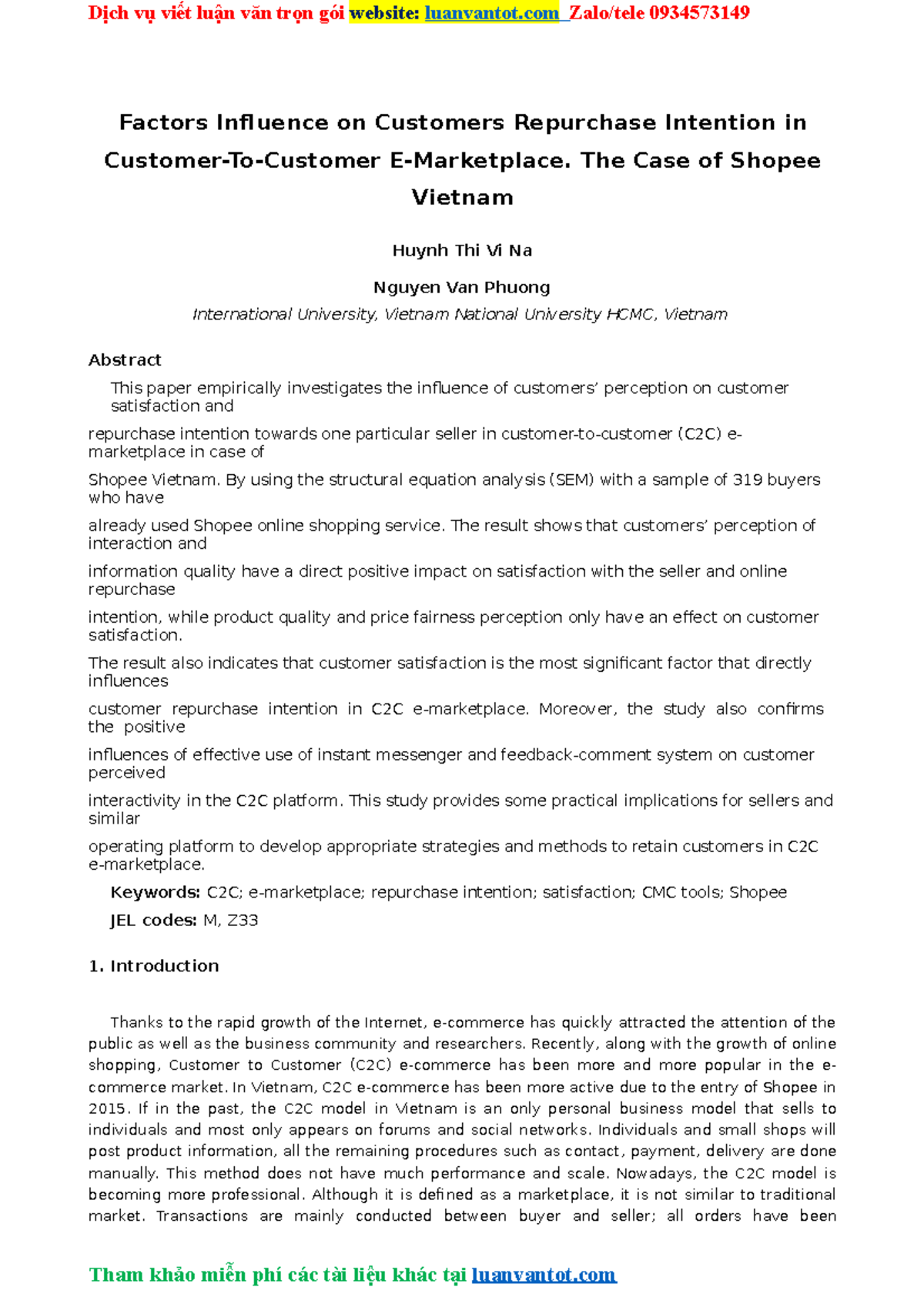 Factors Influence on Customers Repurchase Intention in Customer o ...