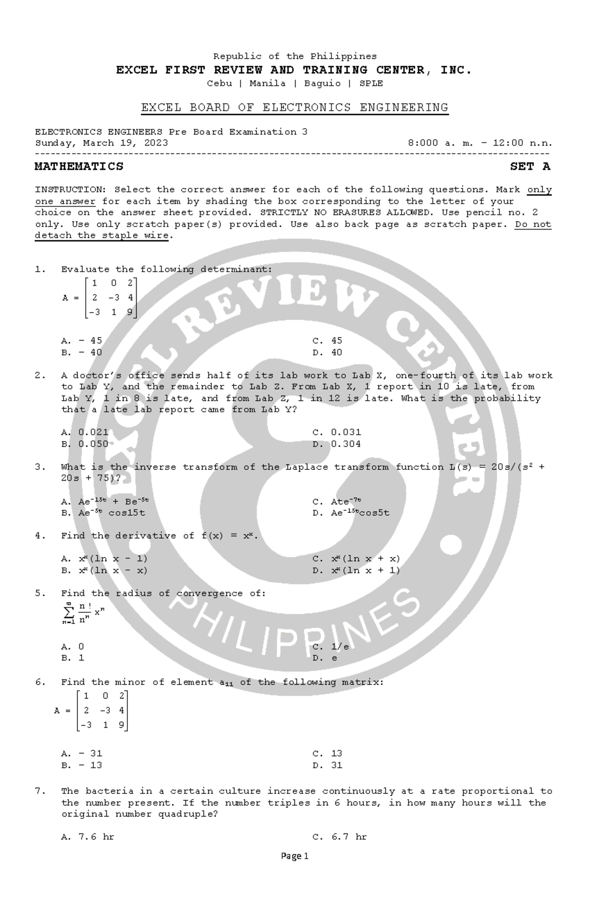 Excel Apr 2023 PB Exam 3 Math - Republic of the Philippines EXCEL FIRST ...