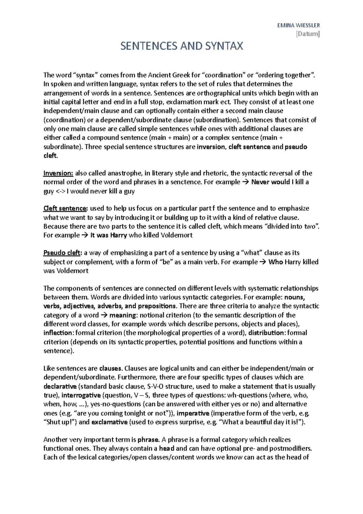 Sentences AND Syntax Textbook 4 - EMINA WIESSLER [Datum] SENTENCES AND ...