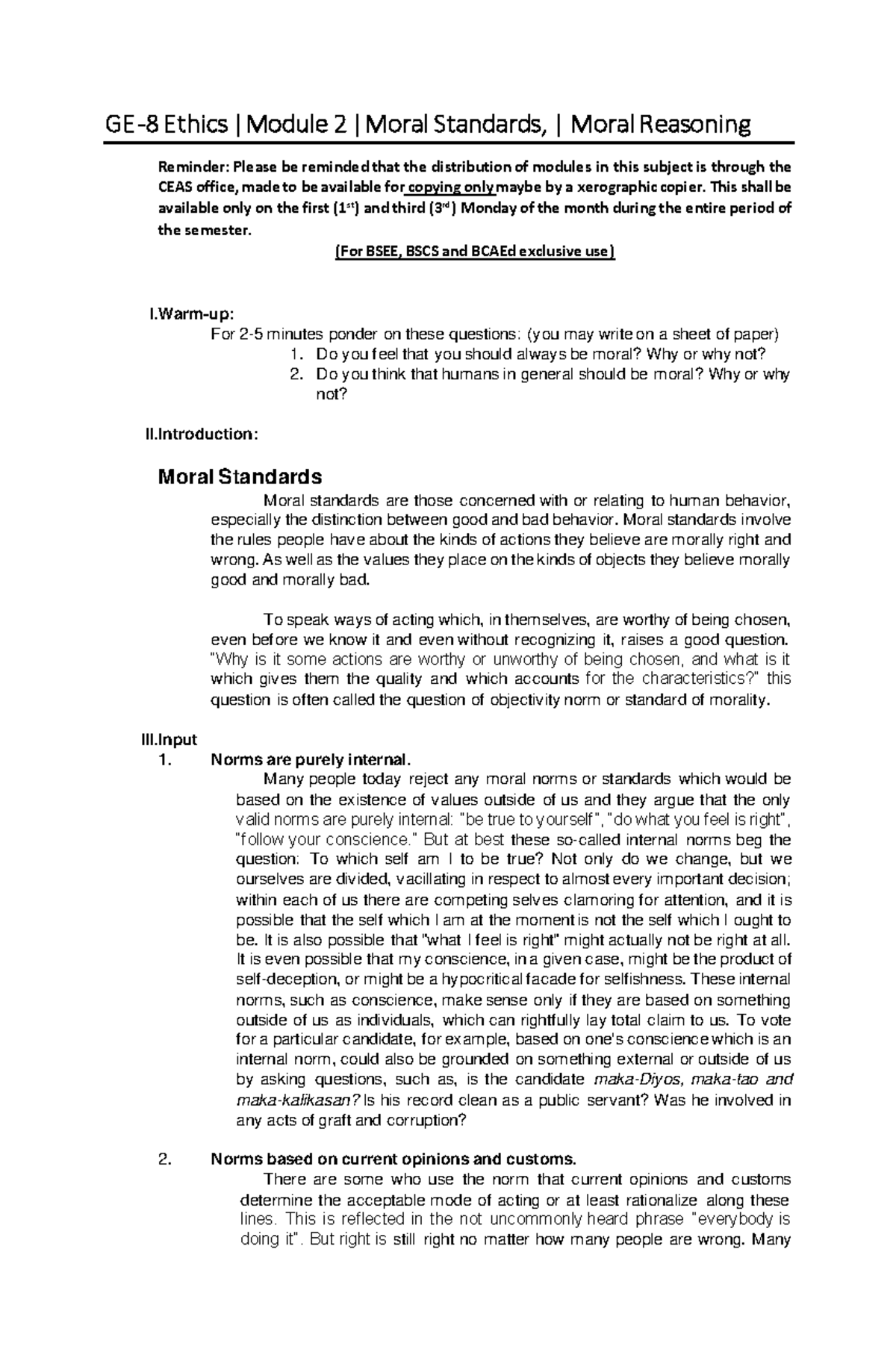 Module 2 Moral Standards and Moral Reasoning - GE-8 Ethics |Module 2 ...