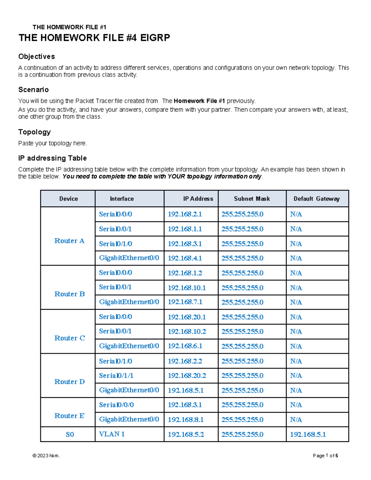 THE Homework FILE 4 eigrp - THE HOMEWORK FILE #4 EIGRP Objectives A continuation of an activity ...