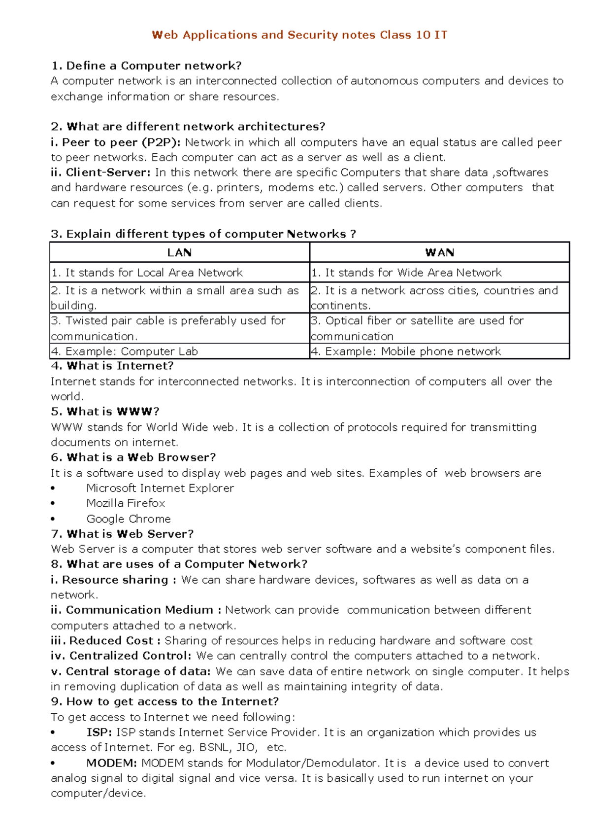 Web Applications and Security notes Class 10 IT - Define a Computer ...