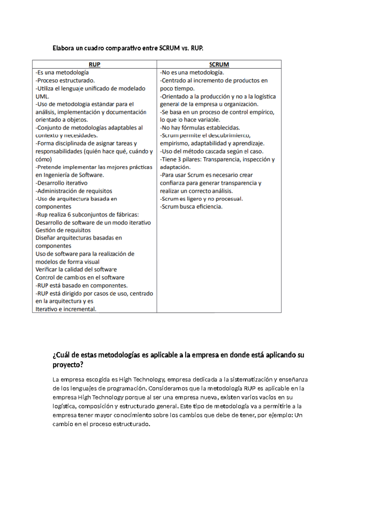 Elabora un cuadro comparativo entre Scrum vs - RUP. ¿Cuál de estas ...