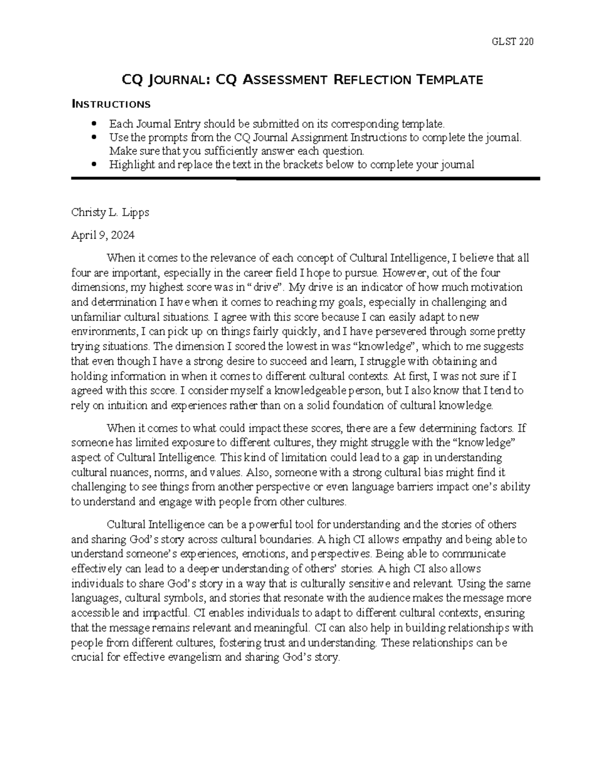 CQ Journal CQ Assessment Reflection.Christy Lipps - GLST 220 CQ JOURNAL: CQ ASSESSMENT ...