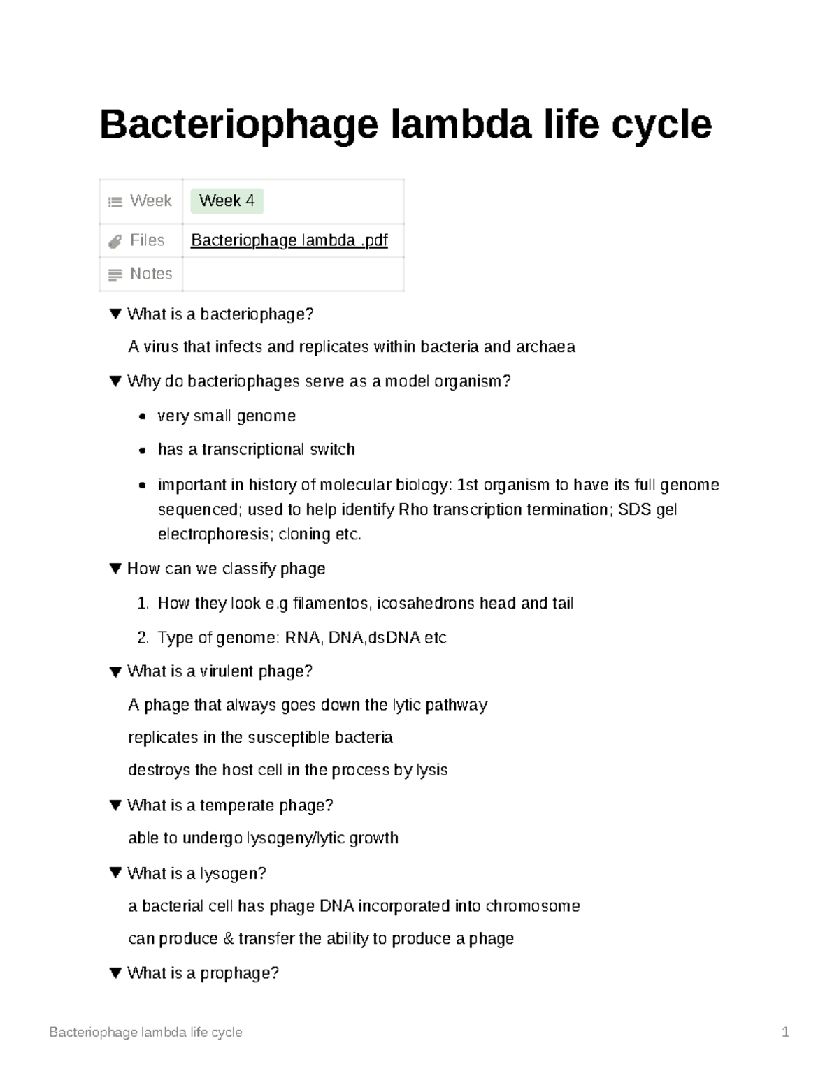 Bacteriophage lambda life cycle - pdf Notes What is a bacteriophage? A ...