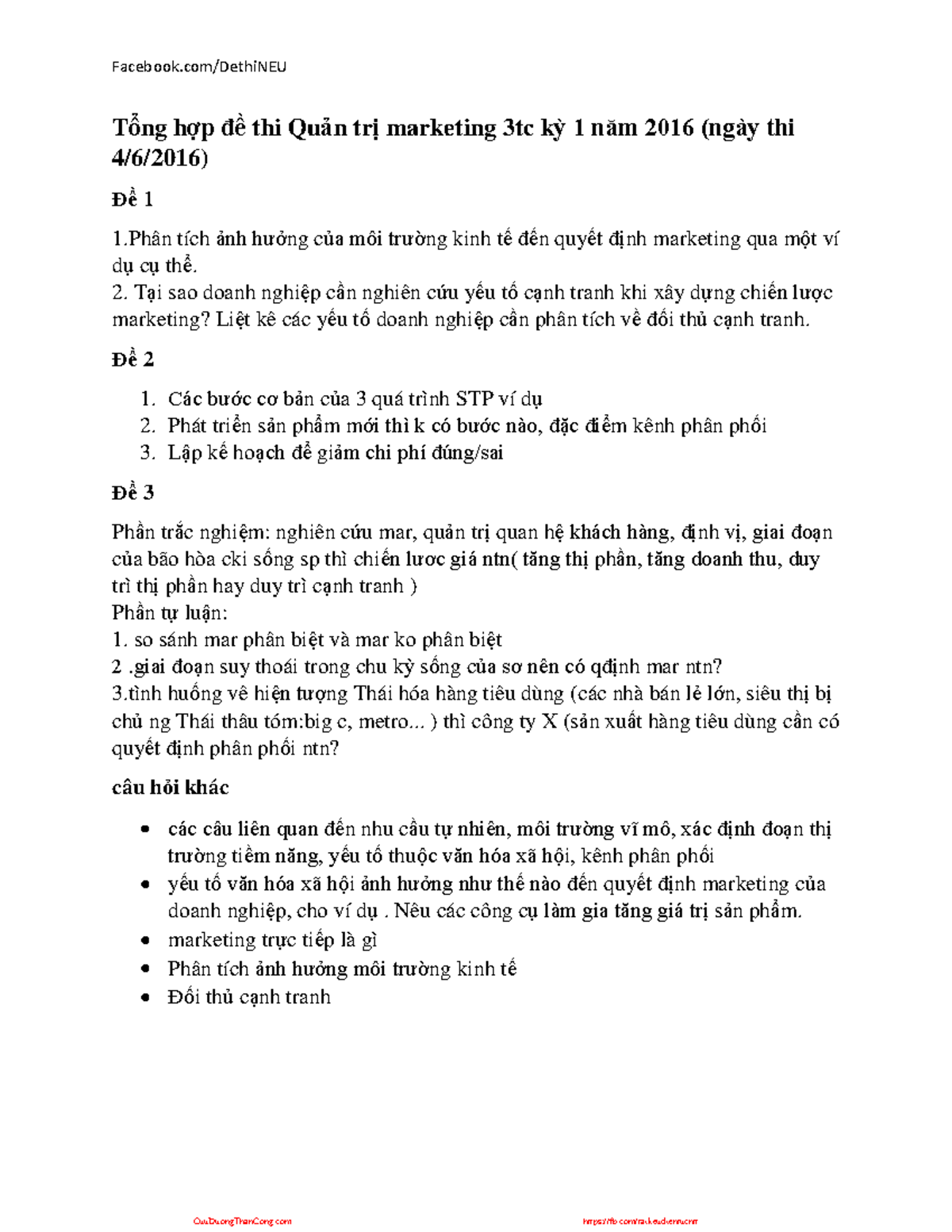 Tong hop de thi QTM 2016 - Đề thi QTM - Facebook/DethiNEU Tổng hợp đề thi Quản trị marketing 3tc ...