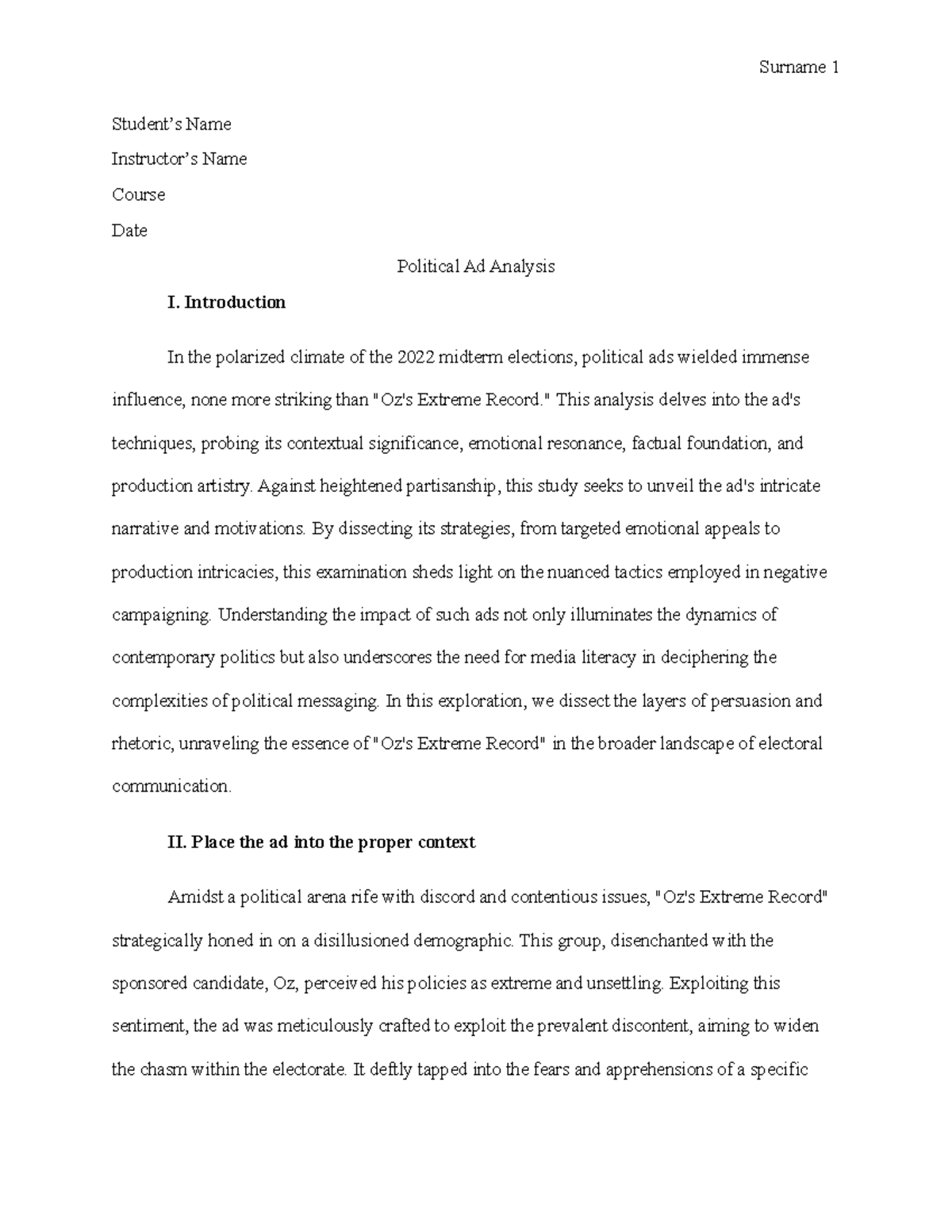 Political Ad Analysis - Student’s Name Instructor’s Name Course Date ...