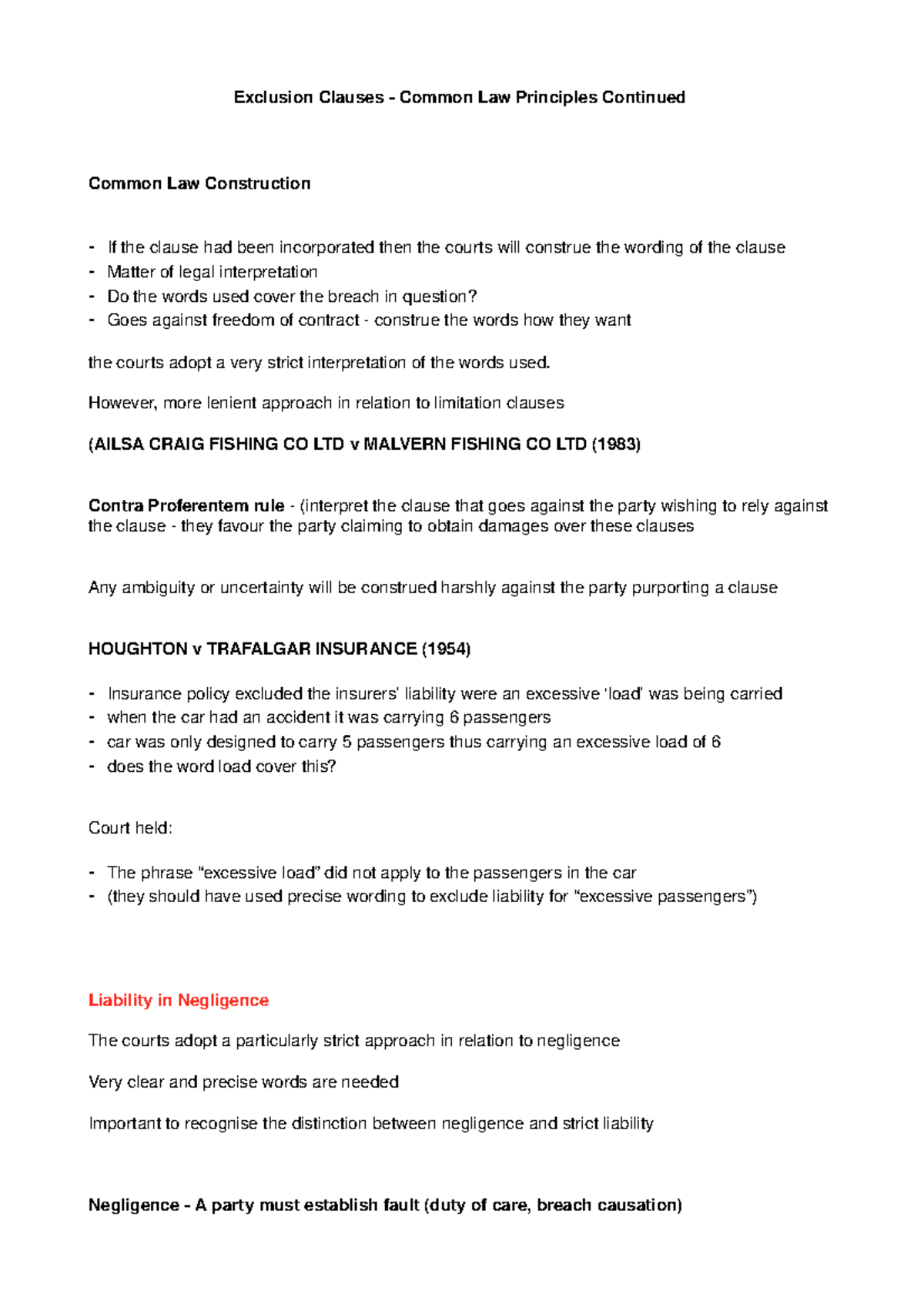 Exclusion Clauses - Common Law Principles Continued - However, more ...