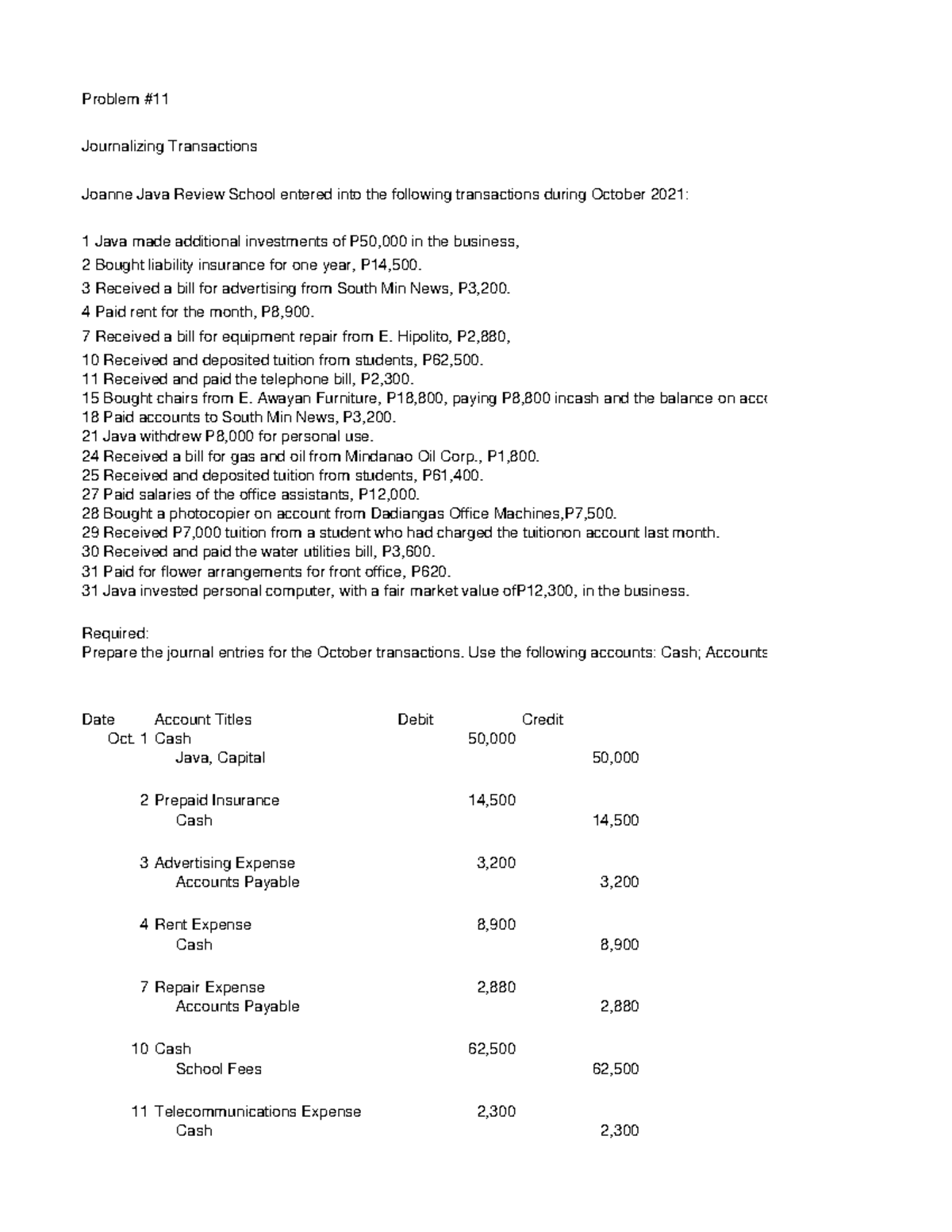 Problem 11, p - Problem # Journalizing Transactions Joanne Java Review ...