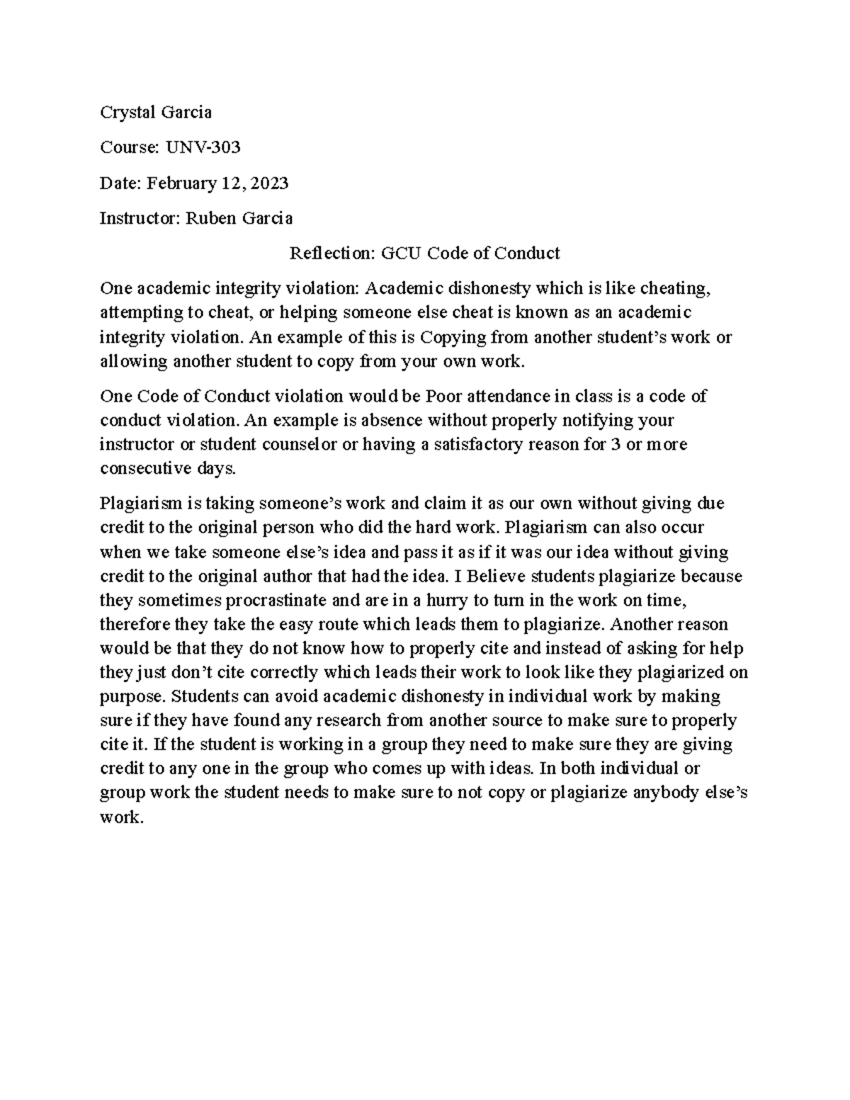 Reflection Gcu Code Of Conduct Crystal Garcia Course Unv Date February 12 2023 Instructor
