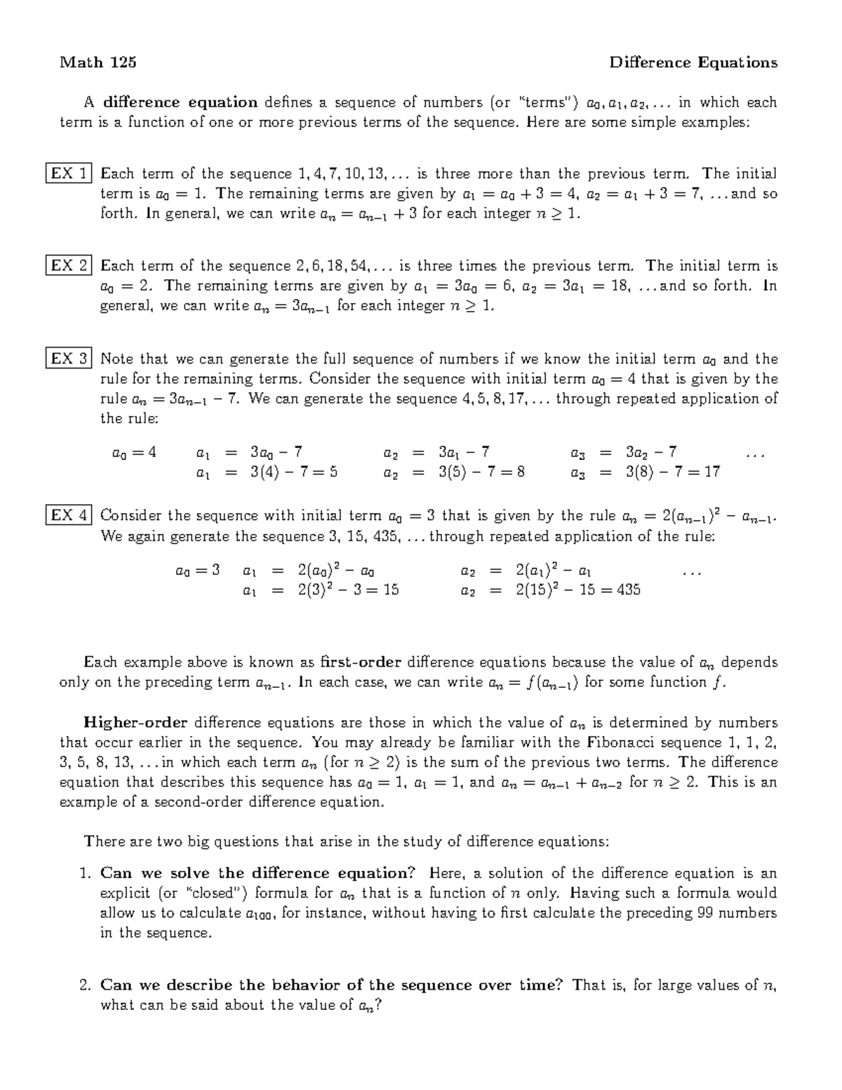 Linear Difference Equations - Math 125 Difference Equations A ...