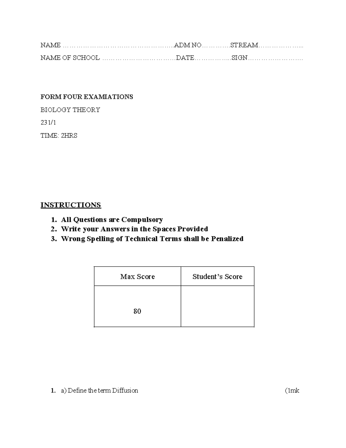 Form 4 - Biology - Paper 1 Question Paper - NAME