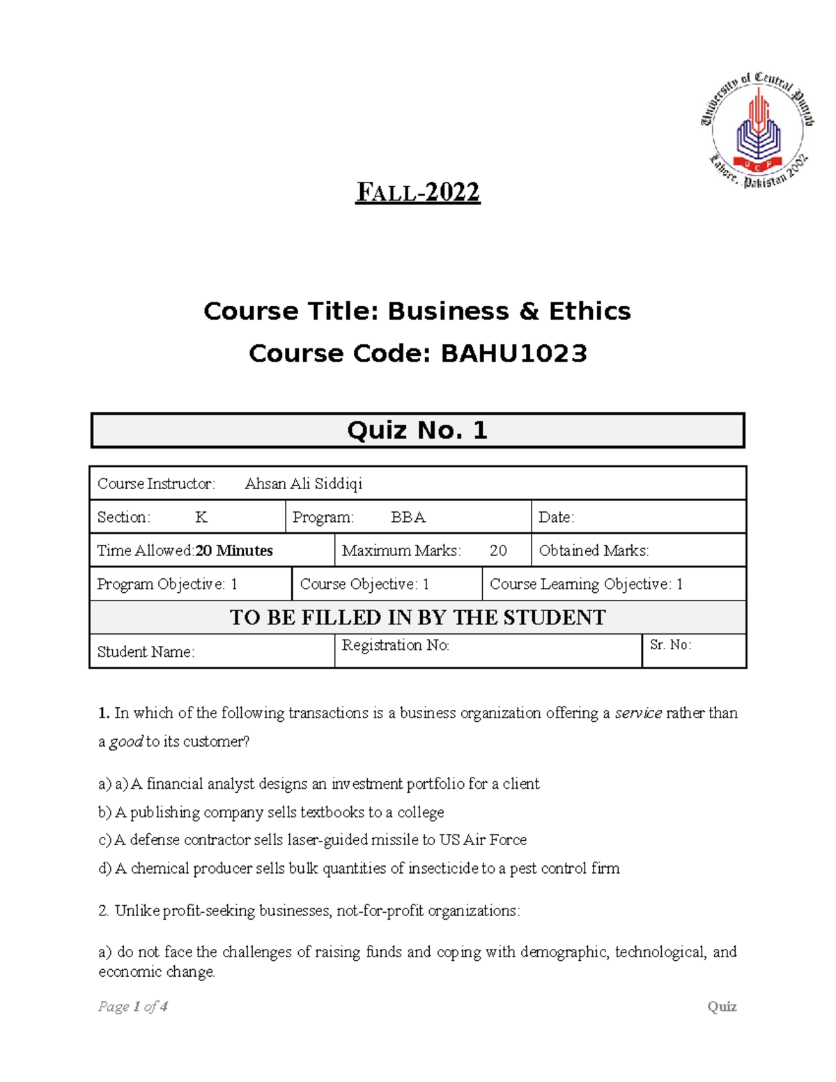 B & E Quiz 1 - Business & Ethics Practice Test - FALL- Course Title ...