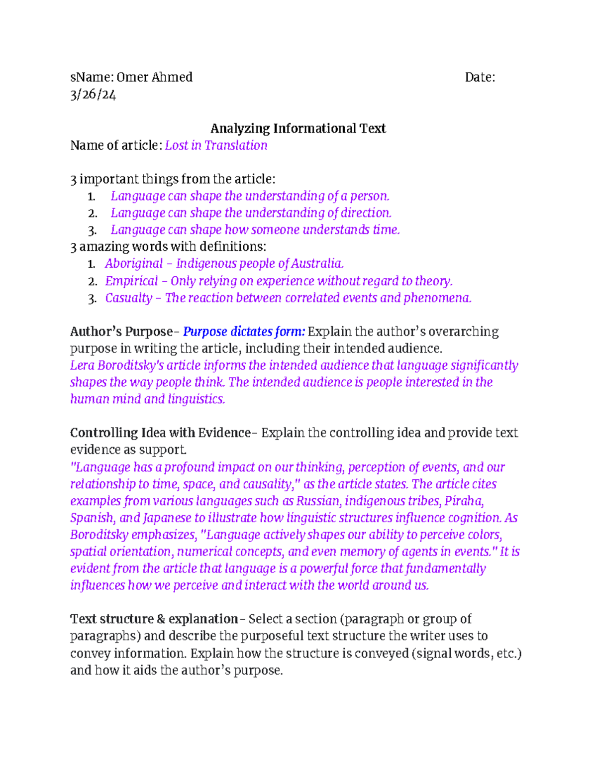 Copy of Copy of H Article Analysis - sName: Omer Ahmed Date: 3/26/ Analyzing Informational Text ...