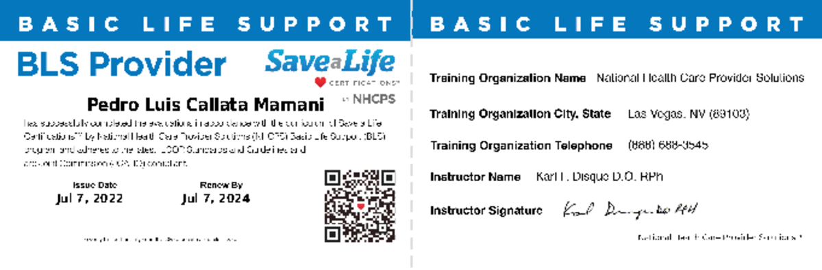 Bls basic life support certification course id card - Patología médica ...
