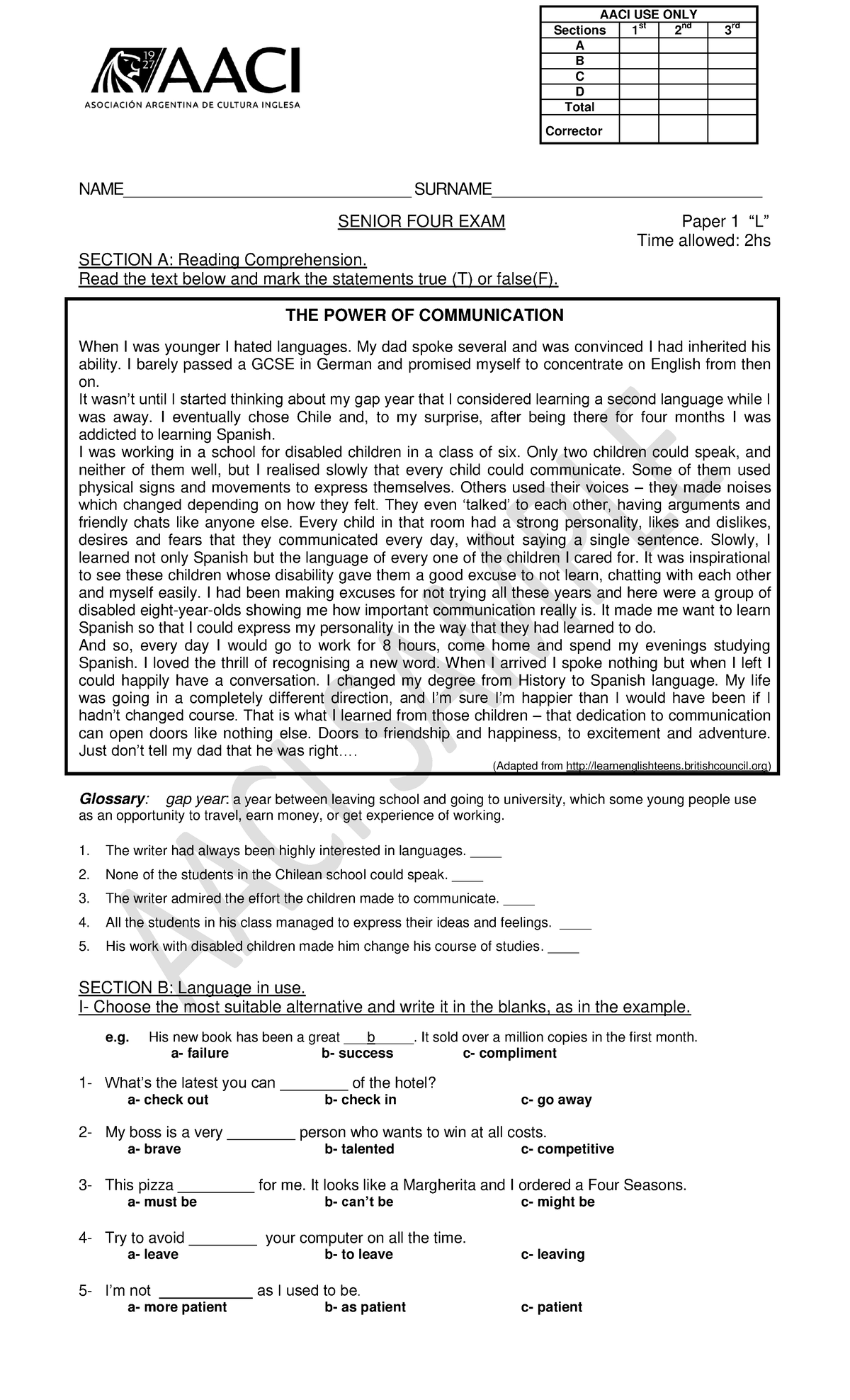 Senior 4 - Exámenes internacionales AACI - NAME__________________________________ - Studocu