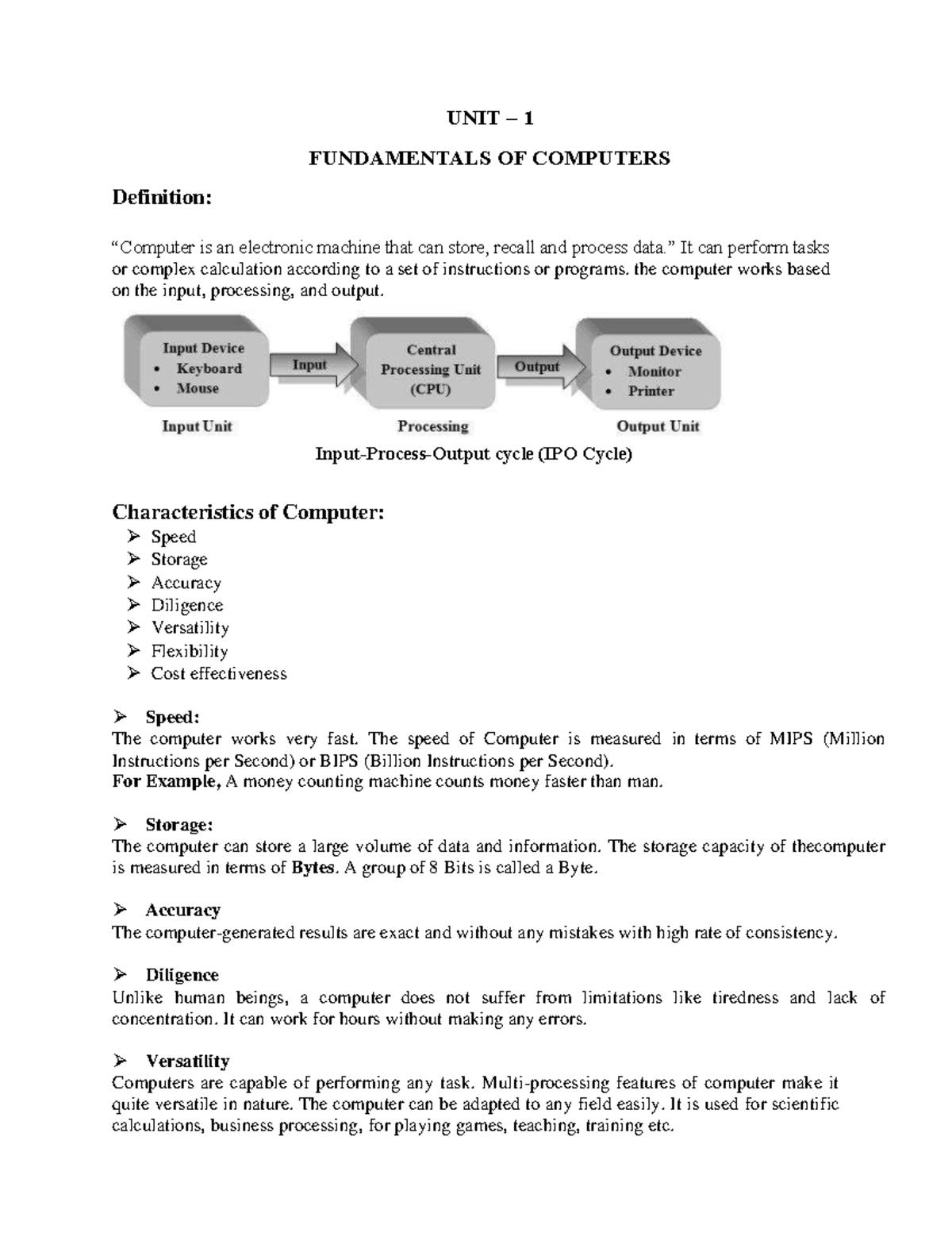 UNIT- 1 FOC - 1 sem - UNIT – 1 FUNDAMENTALS OF COMPUTERS Definition: “Computer is an electronic ...