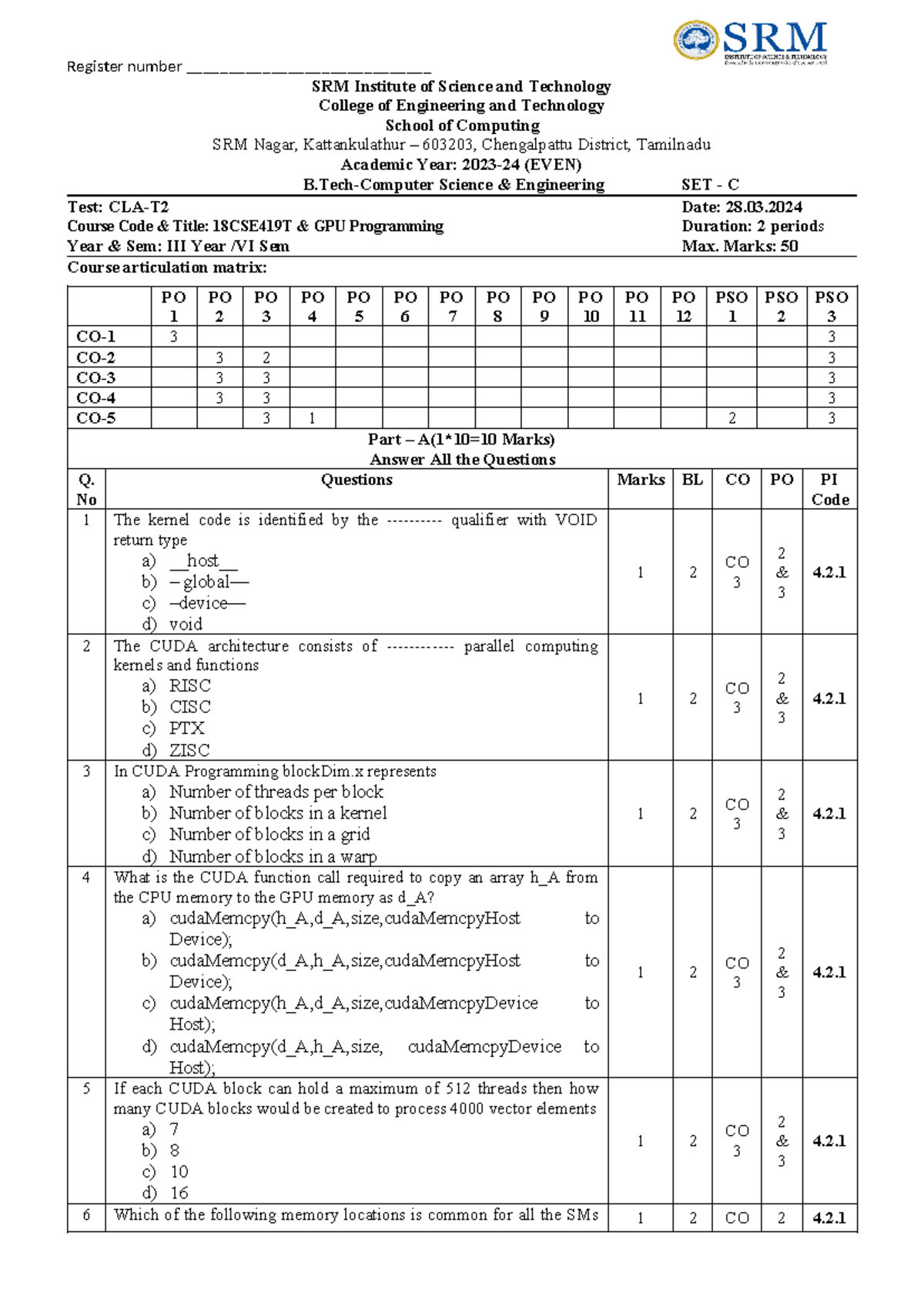 GPU-CT2-Set C - CT2 - Register number _____________________________ SRM ...