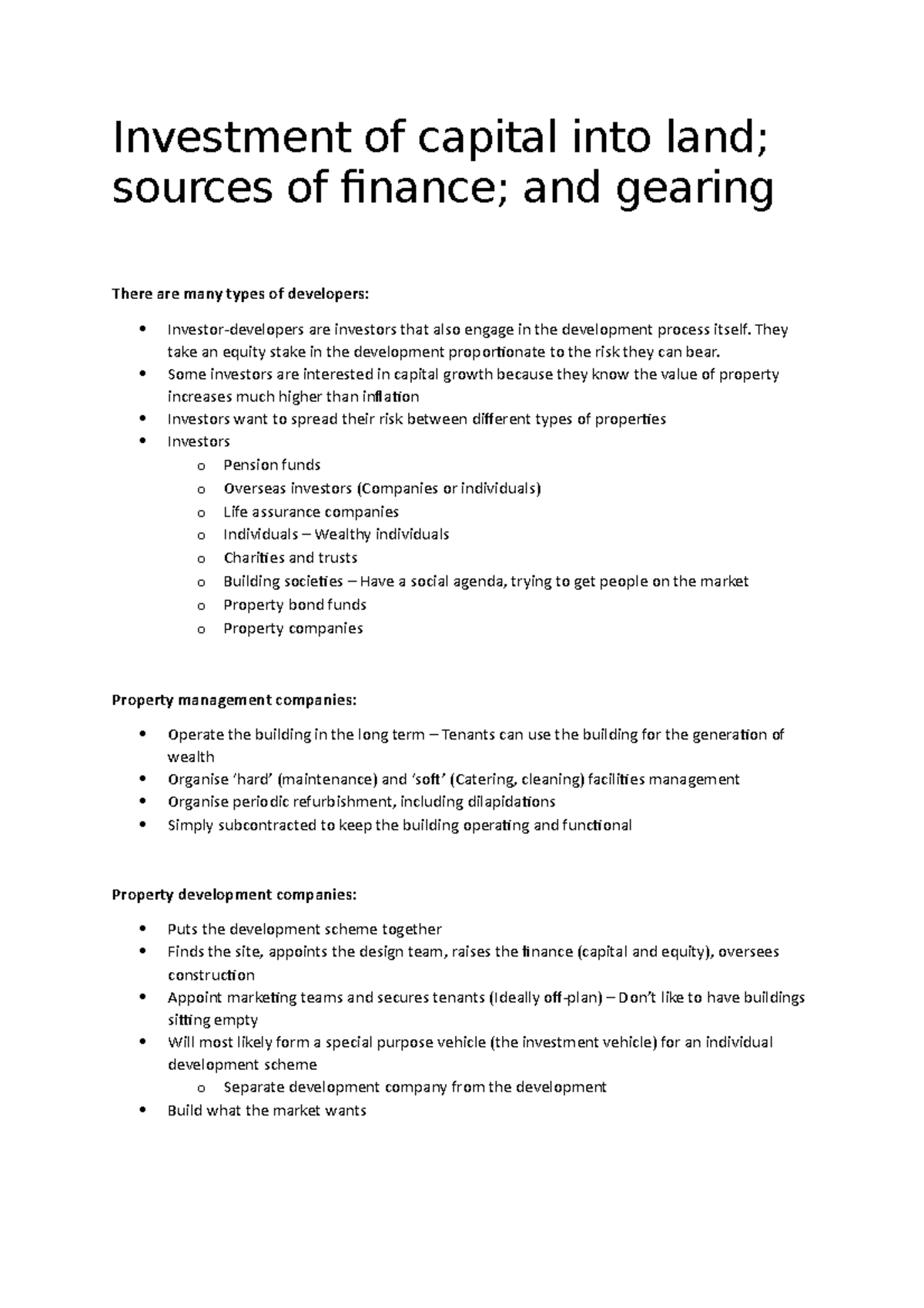 Lecture 6 - Investment of capital into land; soruce of finance; and ...