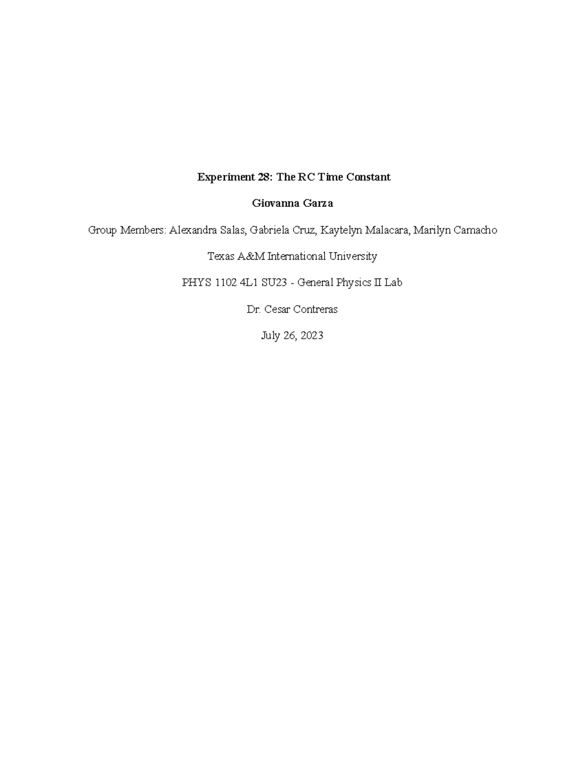Experiment 28 The RC Time Constant - Experiment 28: The RC Time ...
