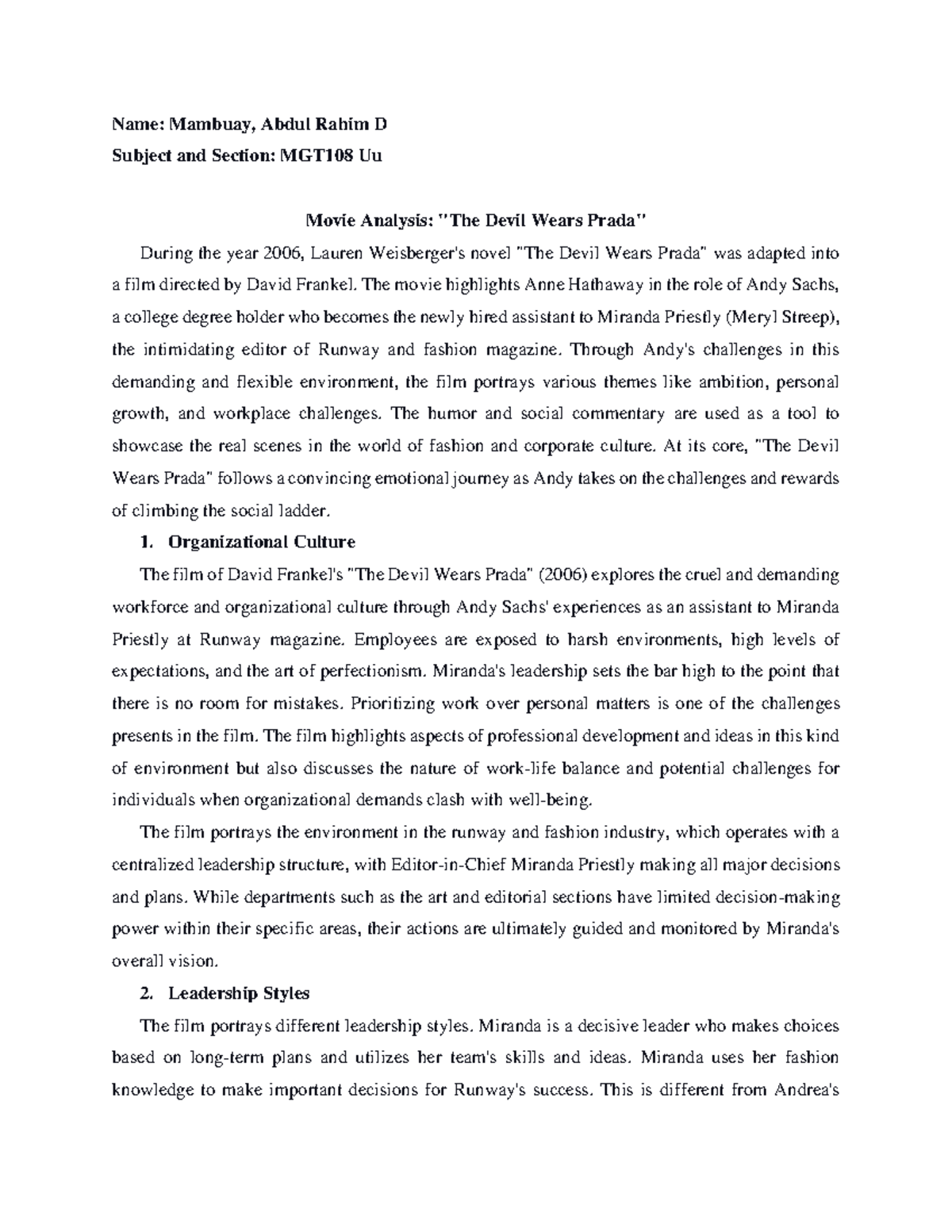 MOVIE ANALYSIS MGT108 - Name: Mambuay, Abdul Rahim D Subject and ...