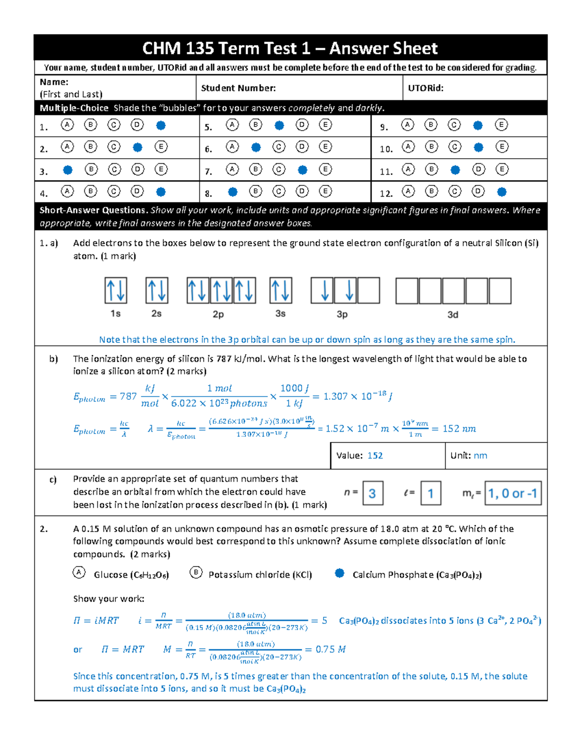 CHM 135H Fall 2024 Test 1 test booklet answer key sheet only - CHM 135 ...