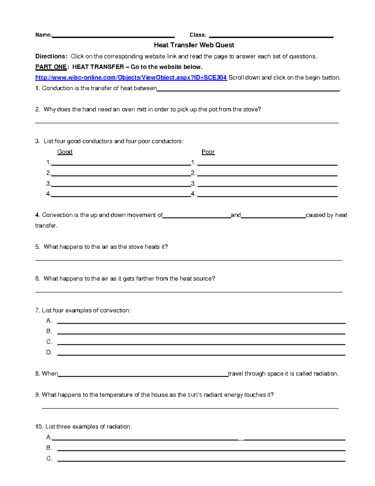 Heat Transfer Webquest - Name: Class: Heat Transfer Web Quest ...