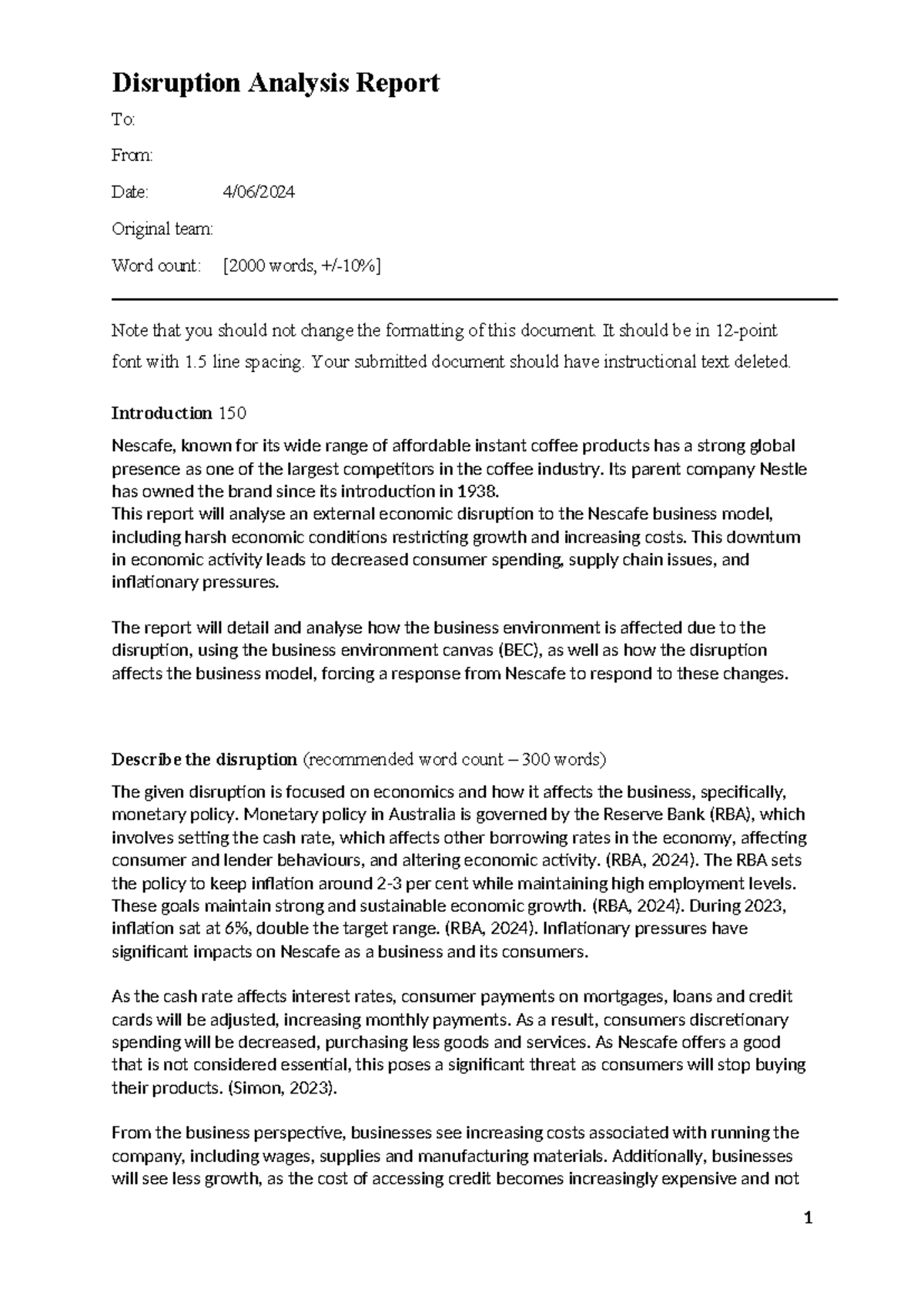 Disruption Analysis Report Format - Disruption Analysis Report To: From ...