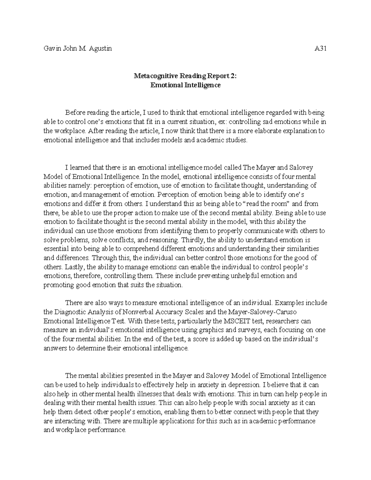 Agustin GJM MMR2-A31 - Metacognitive Reading Report - Gavin John M ...