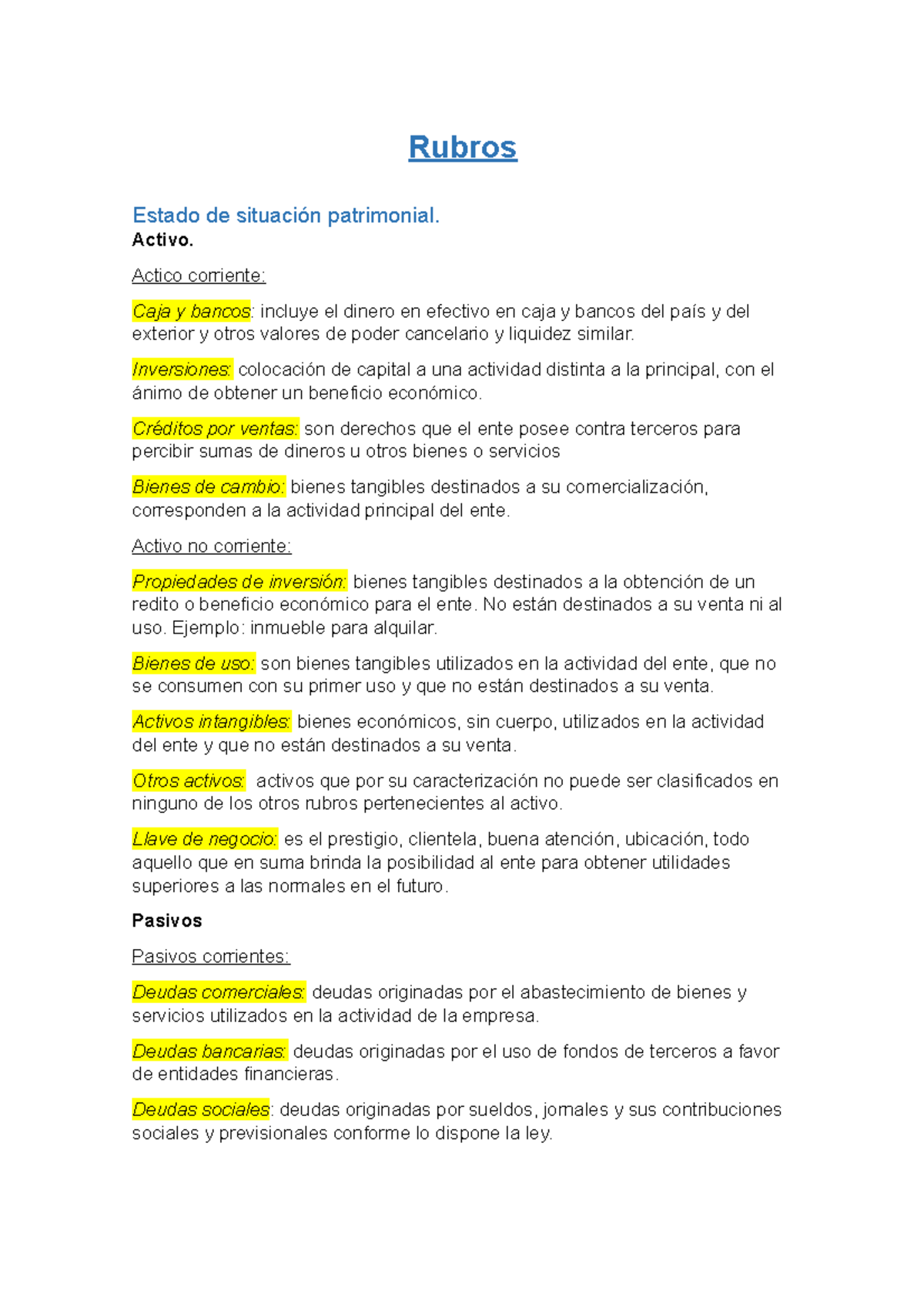 Rubros contables - Rubros Estado de situación patrimonial. Activo ...