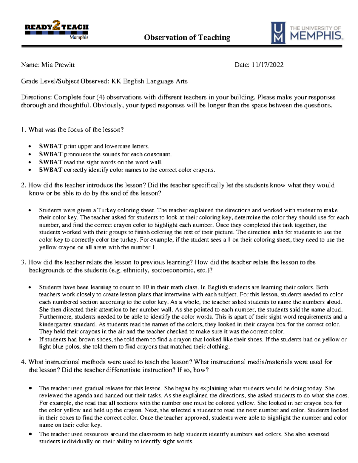 Observation 2 K ELA - As a part of this course, we are required to ...