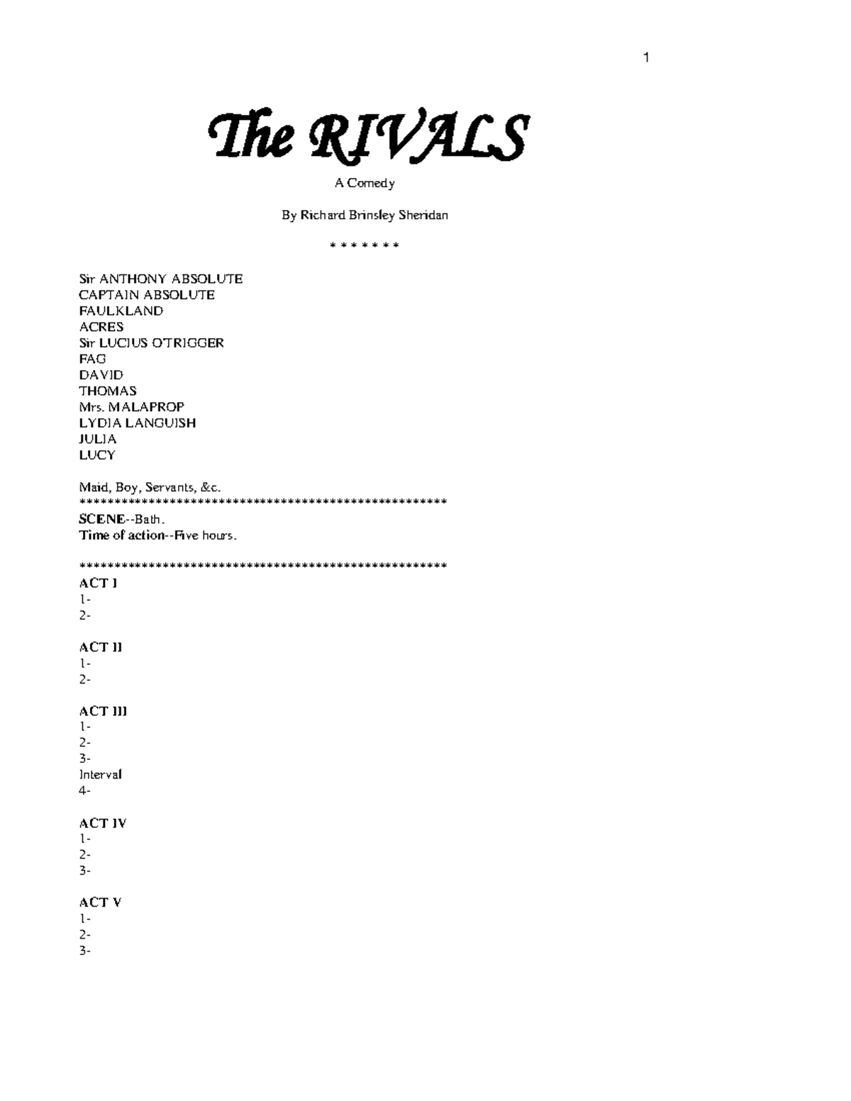 Rivals script - The RIVALS A Comedy By Richard Brinsley Sheridan ...