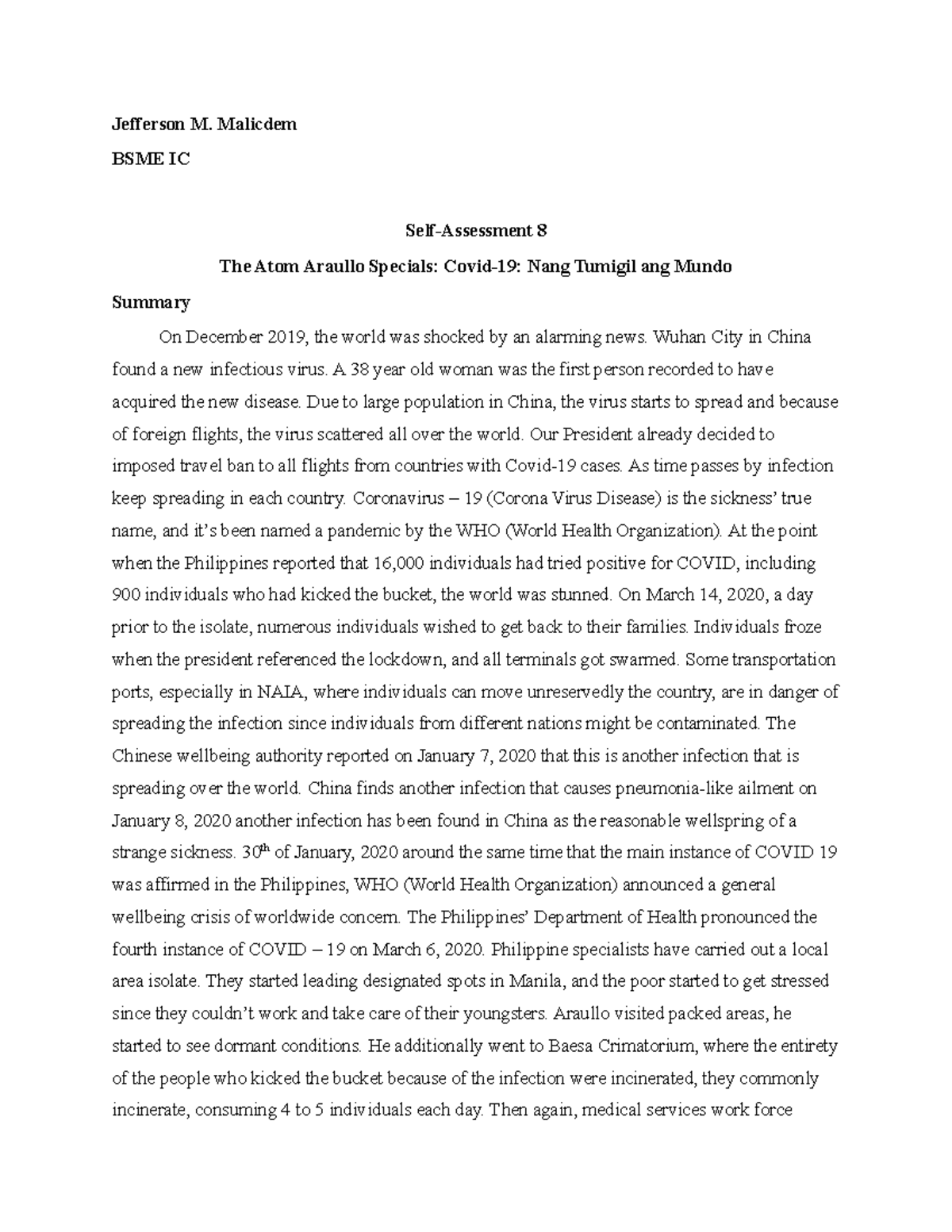 Reflection paper on The atom araullo specials:covid 19: nang tumigil ...