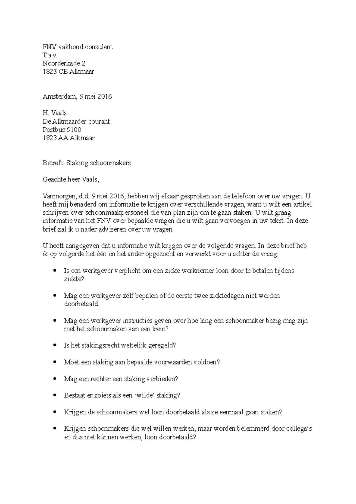 FNV vakbond consulent adviesbrief week 3 - FNV vakbond consulent T ...