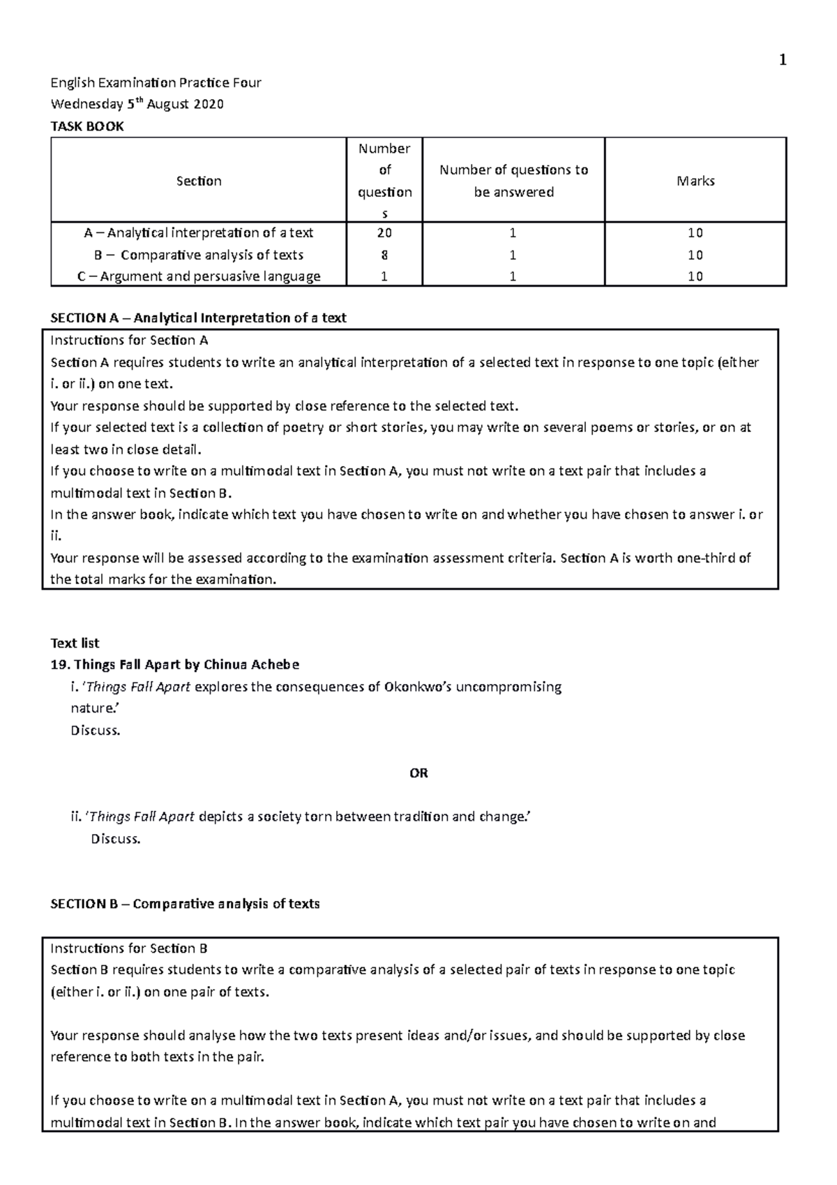 English practice exam 4 2020 - English Examination Practice Four ...