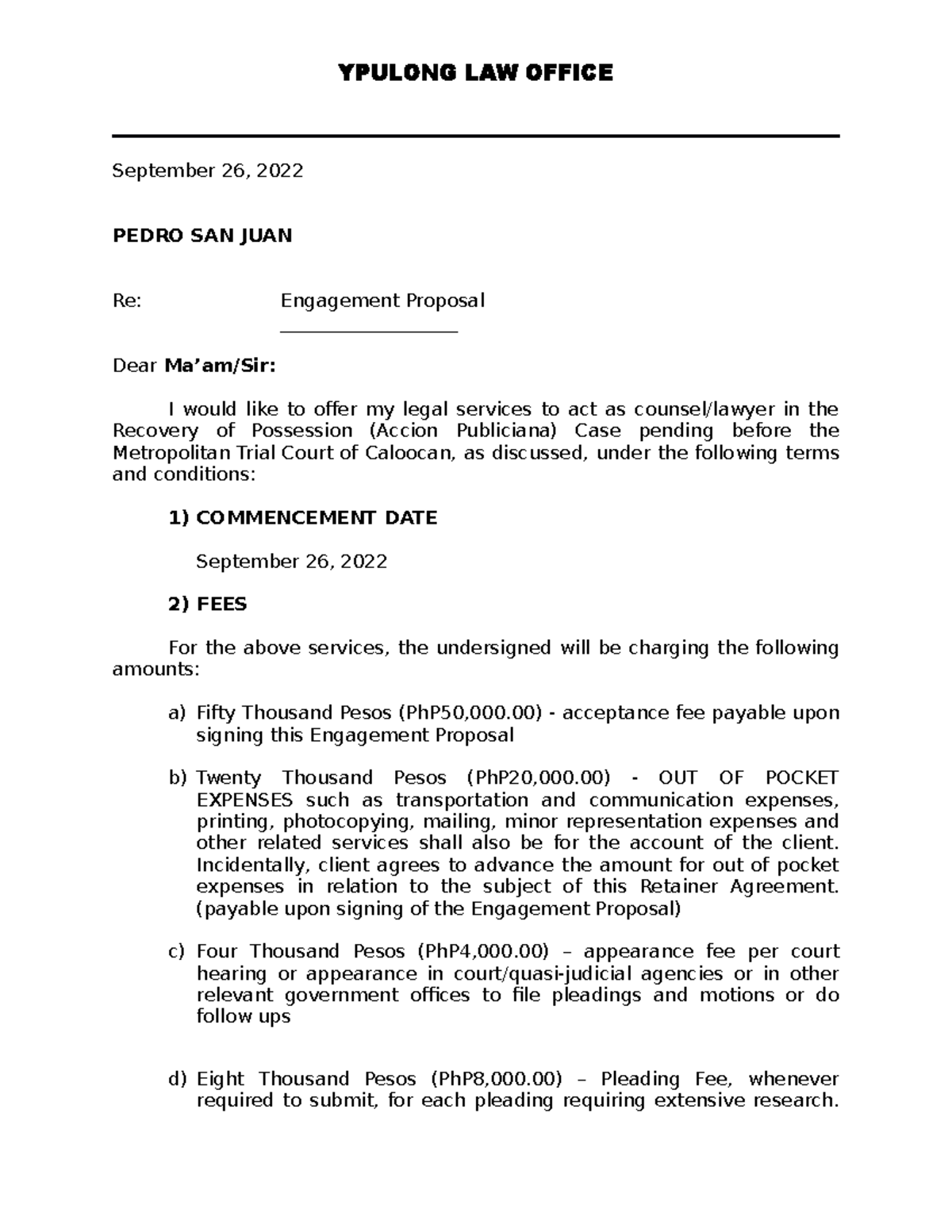 Retainer Agreement-Recovery of Possession Sample - YPULONG LAW OFFICE ...