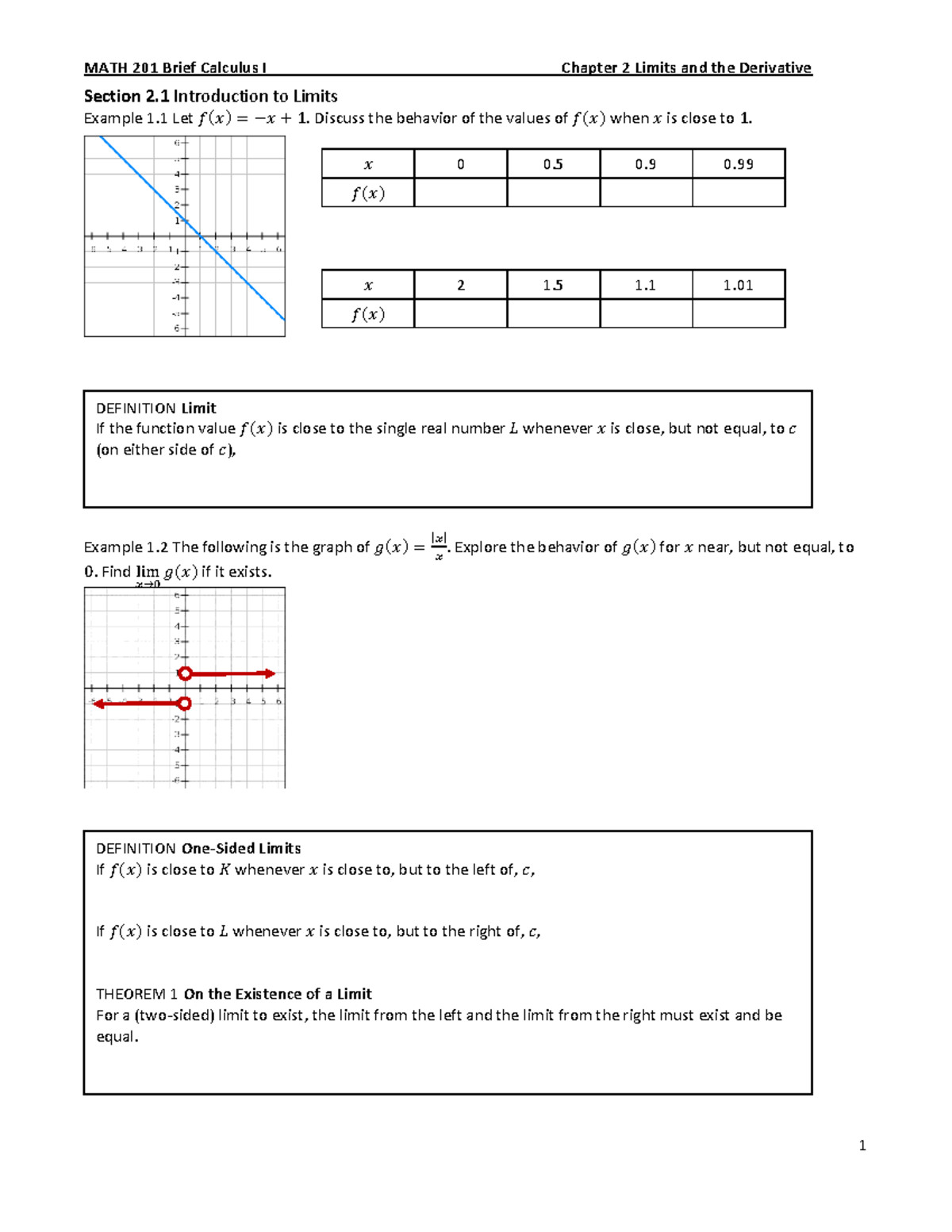 Chapter 2 Guided Note - Limits and the Derivative notes - MATH 201 ...