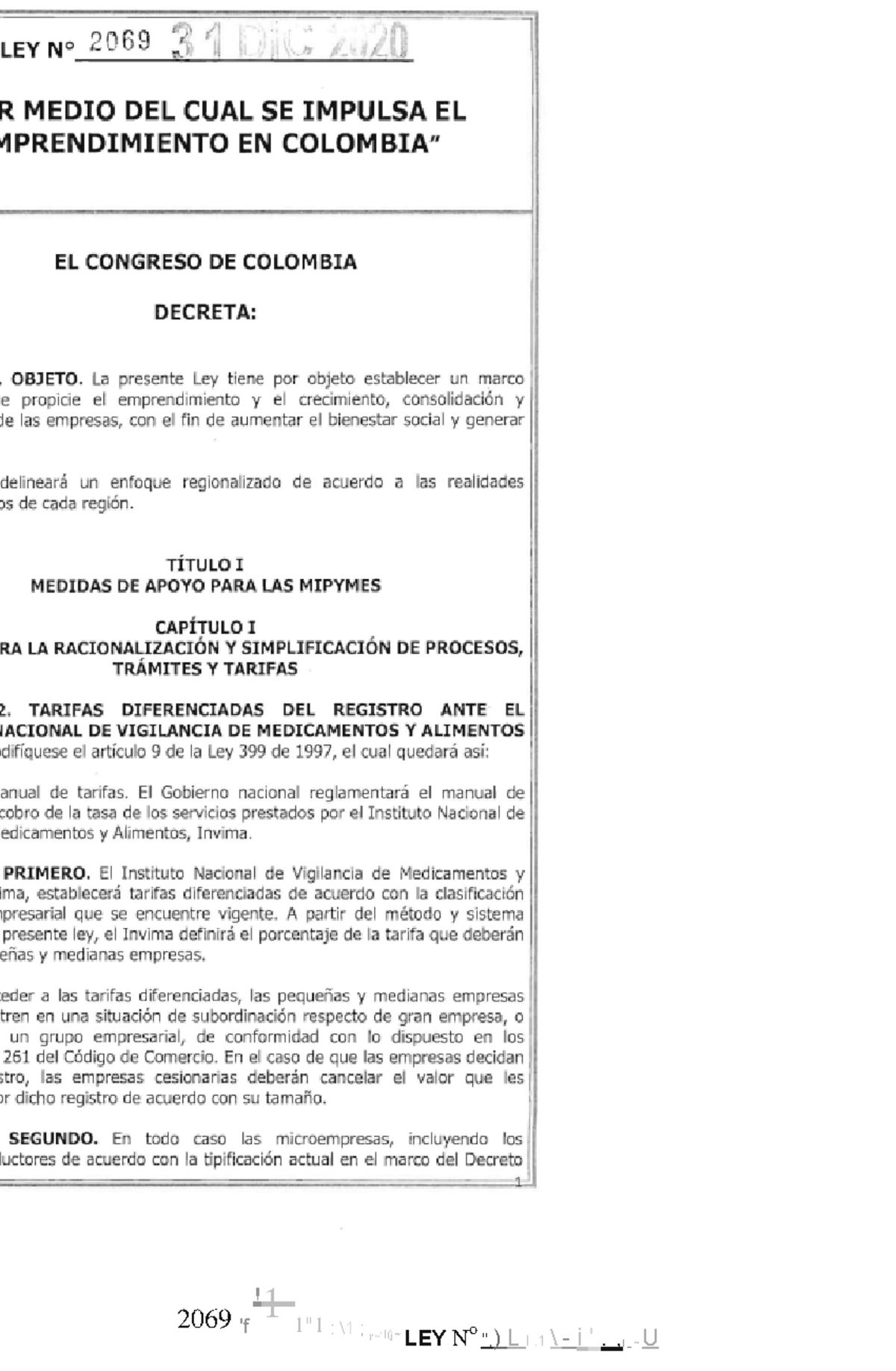 LEY 2069 DEL 31 DE Diciembre DE 2020 - 2069 'f' 1 1"1:\ 1 ; I''l(¡ LEY ...