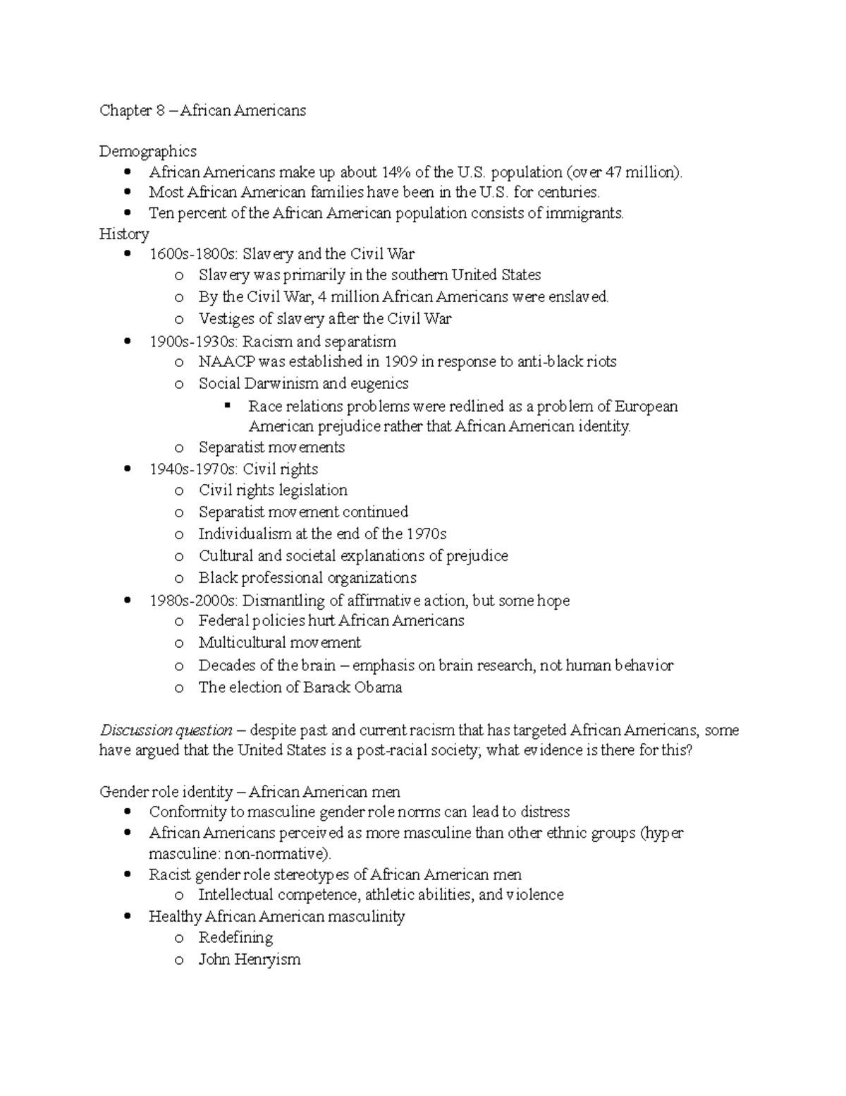 Ch. 8 Notes PSY 257 - Chapter 8 – African Americans Demographics ...
