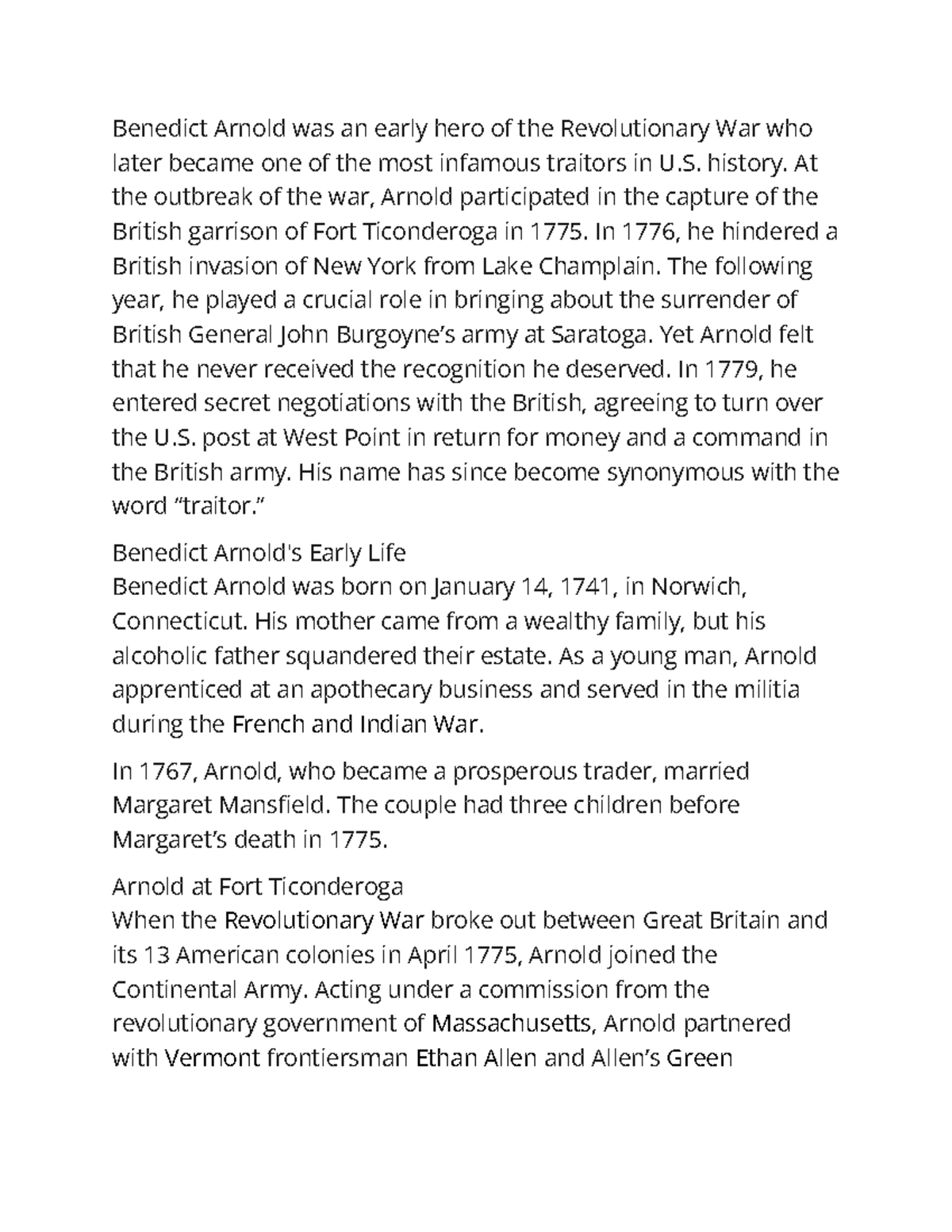 Benidict Arnold Notes - Benedict Arnold was an early hero of the ...