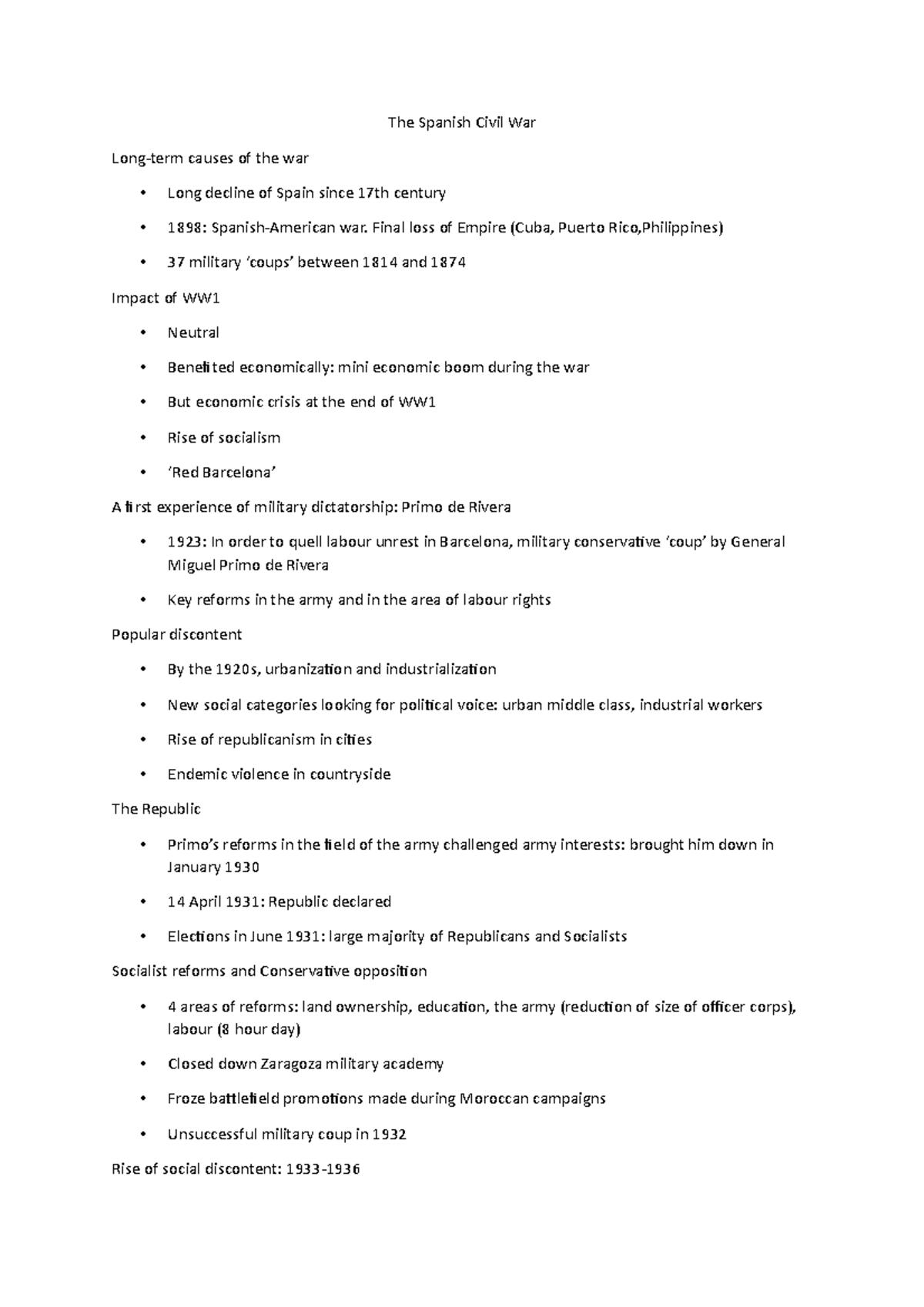 The Spanish Civil War - Lecture notes 8 - The Spanish Civil War Long ...