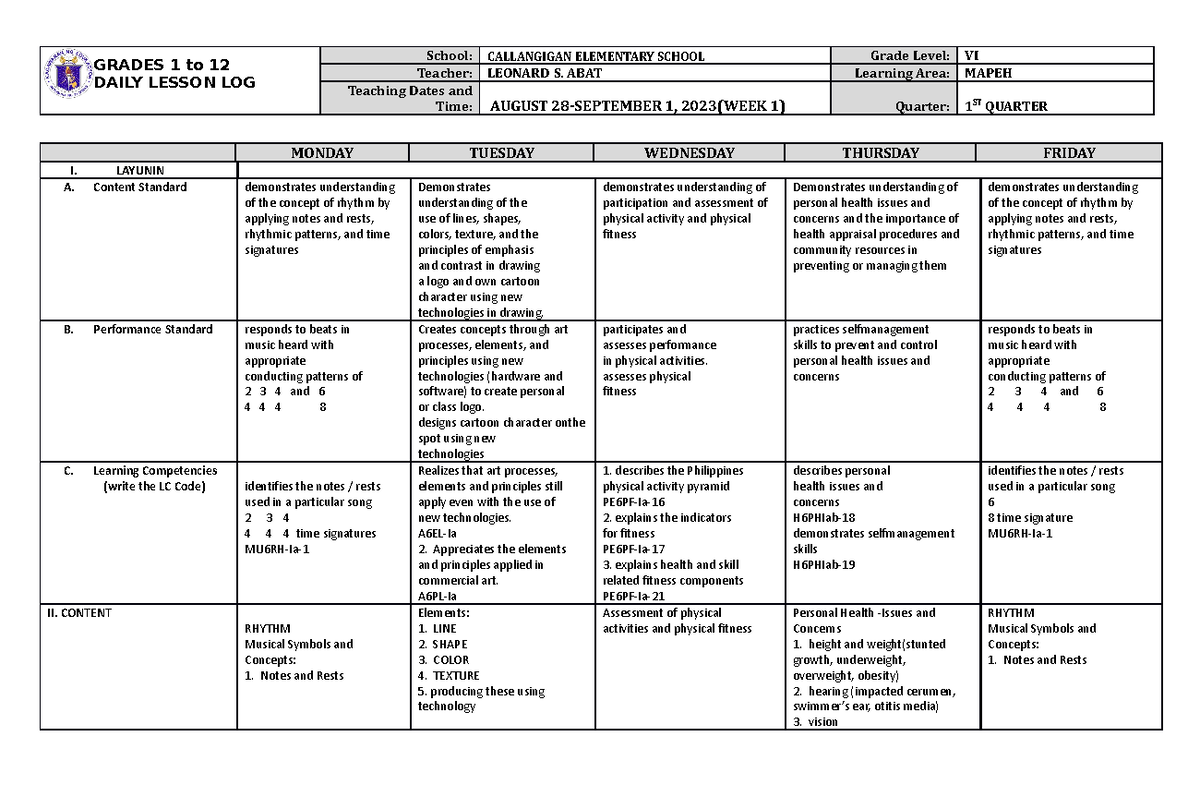 Mapeh DLL - USEFULL - GRADES 1 to 12 DAILY LESSON LOG School ...