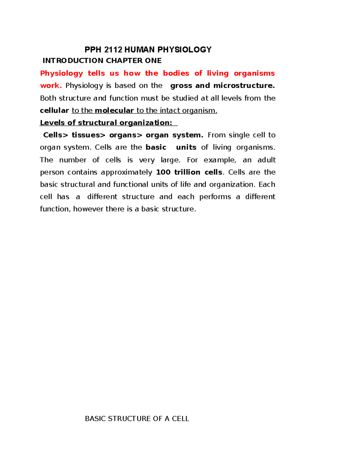 1726764274401 PPH 2112 Human Physiology chapter one - PPH 2112 HUMAN PHYSIOLOGY INTRODUCTION ...