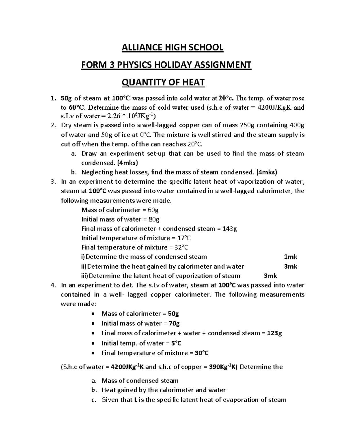 Physics assignment - ALLIANCE HIGH SCHOOL FORM 3 PHYSICS HOLIDAY ...
