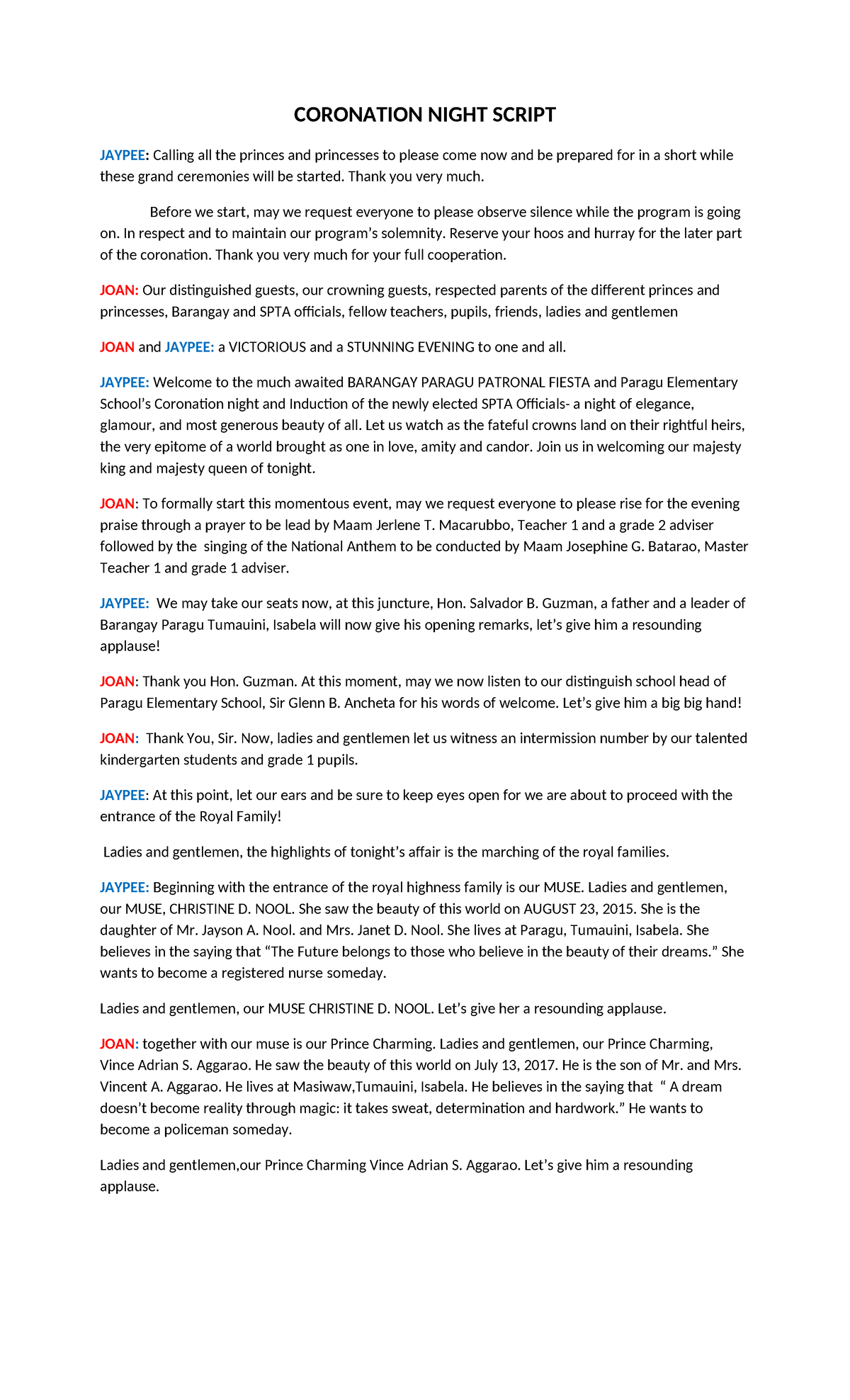 Coronation- Night- Script - CORONATION NIGHT SCRIPT JAYPEE: Calling all ...