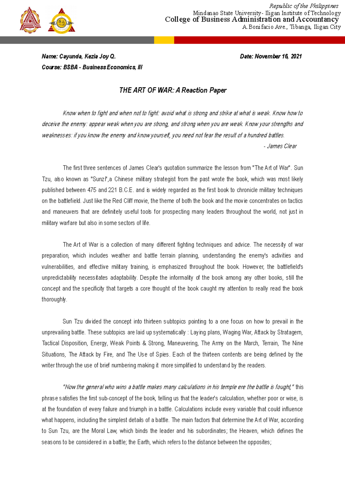 MGT104-Art of War Reflection Paper - Name: Cayunda, Kezia Joy Q. Date ...