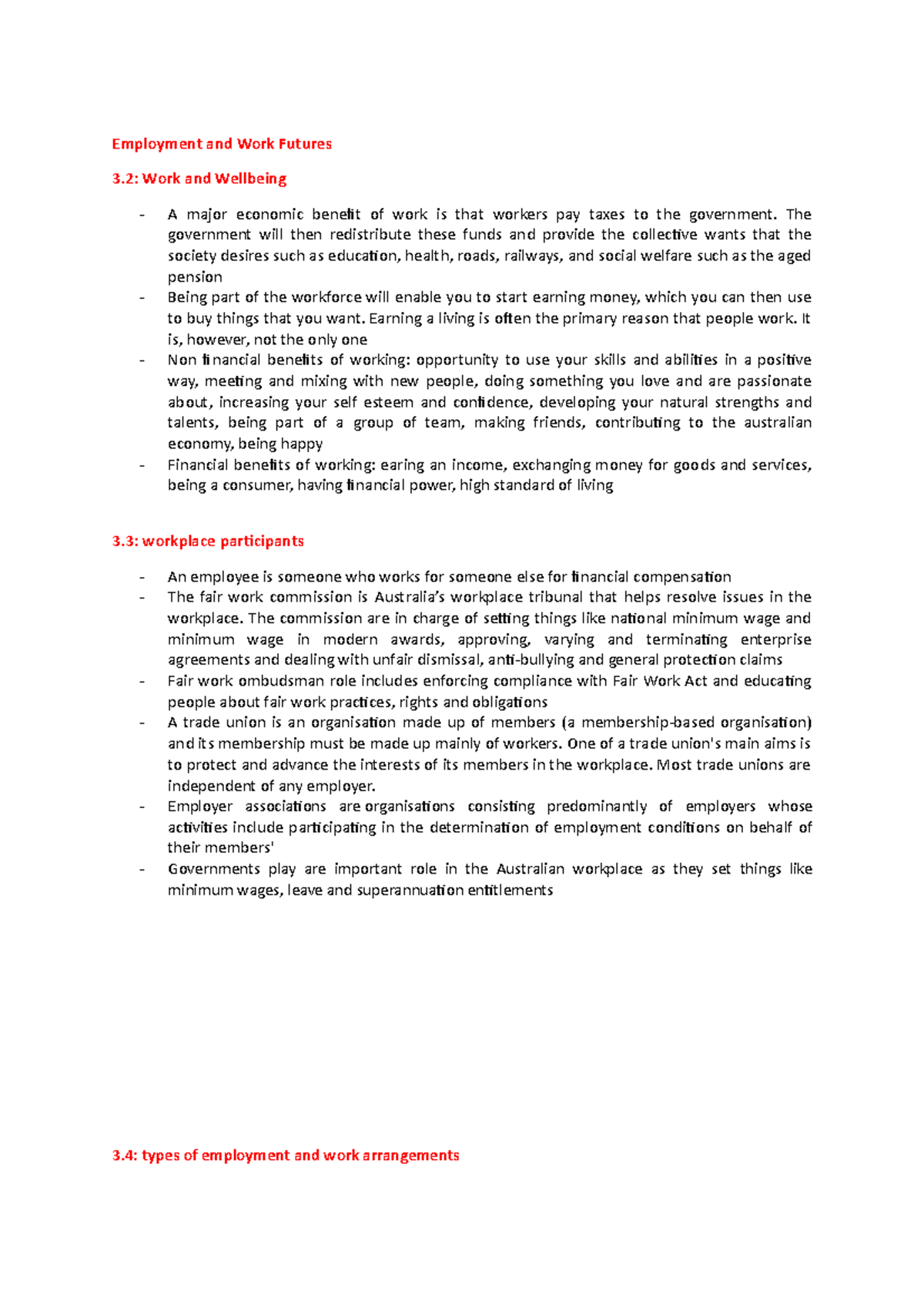 Commerce notes - Employment and Work Futures 3: Work and Wellbeing A ...